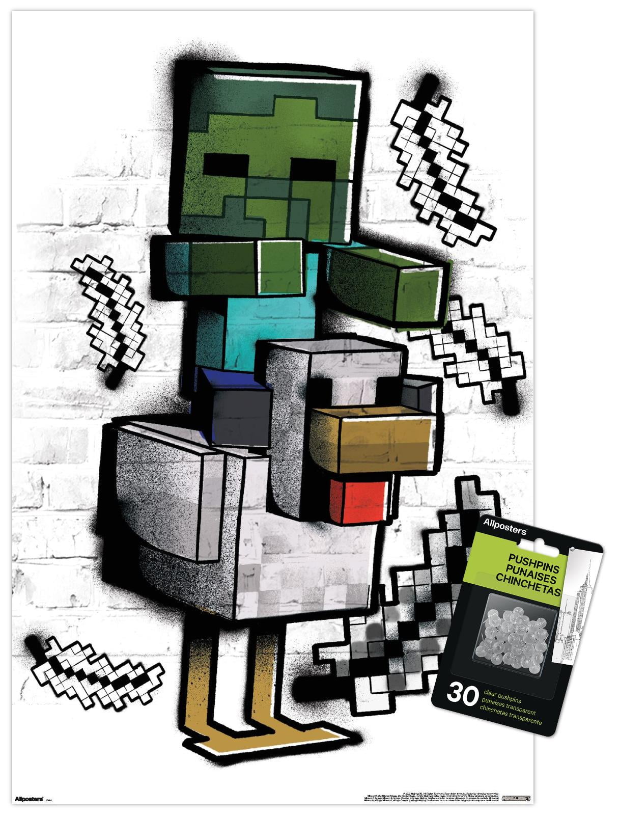 Minecraft: Metro Art - Chicken Jockey Wall Poster with Push Pins, 14. ...