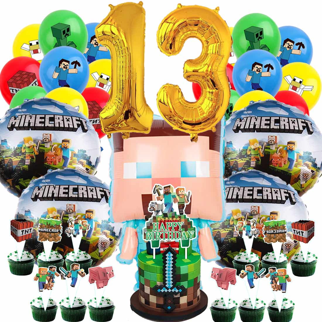 Minecraft Party Supplies 13th Decor Kit Balloons Birthday Cake Topper ...