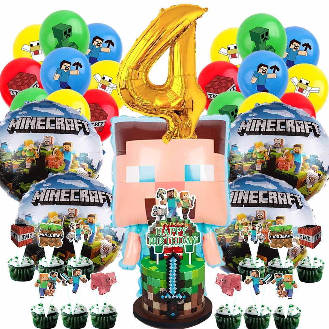 Minecraft Party Supplies 4th Decor Kit Balloons Birthday Cake Topper ...