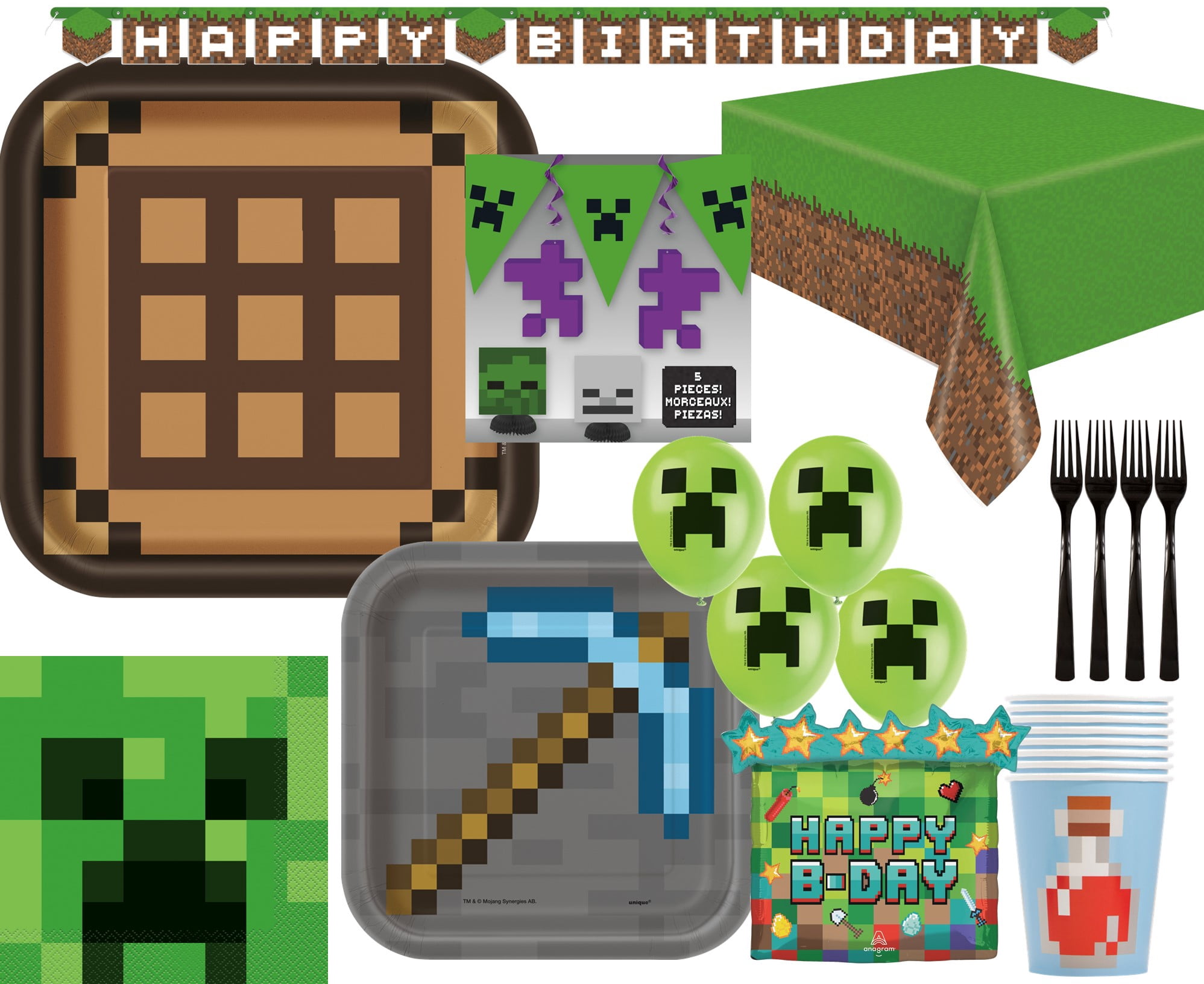 Minecraft Party Supplies Bundle with Plates, Napkins, Forks, Cups ...