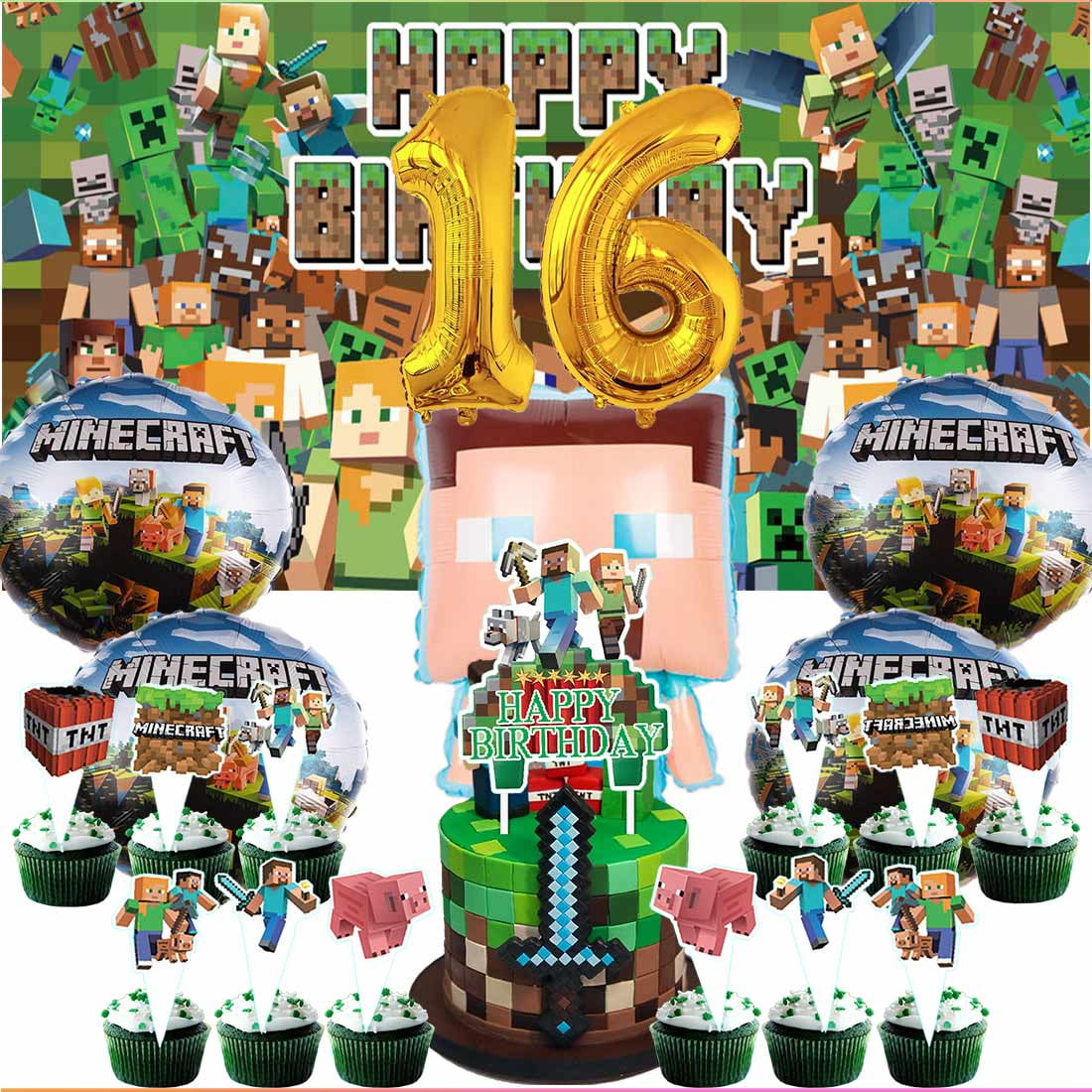 Minecraft Party Supplies Decor 16th Kit Balloons Birthday Cake Topper ...