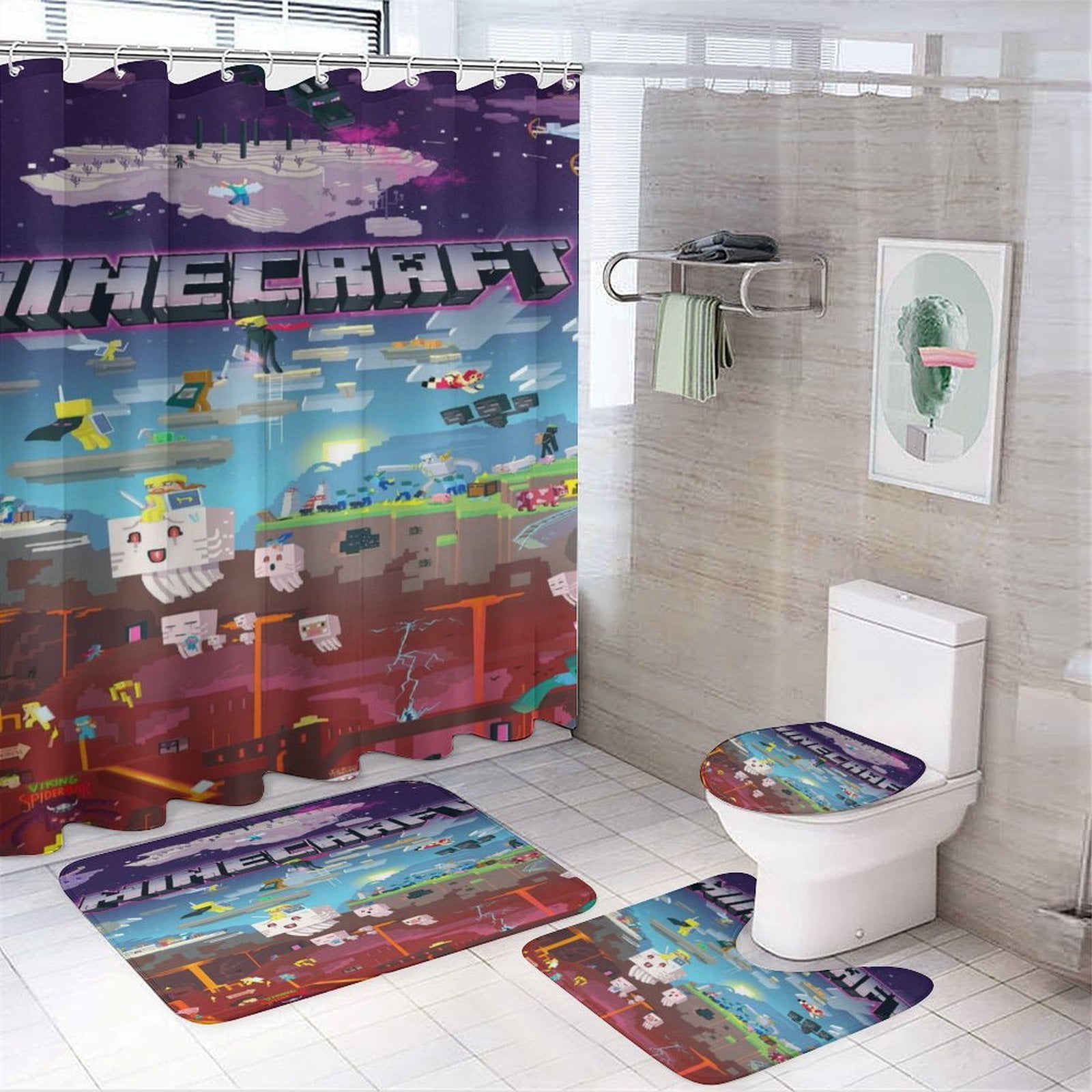 Minecraft Printed Shower Curtain Set Bathroom Decor with Non-Slip Mat ...