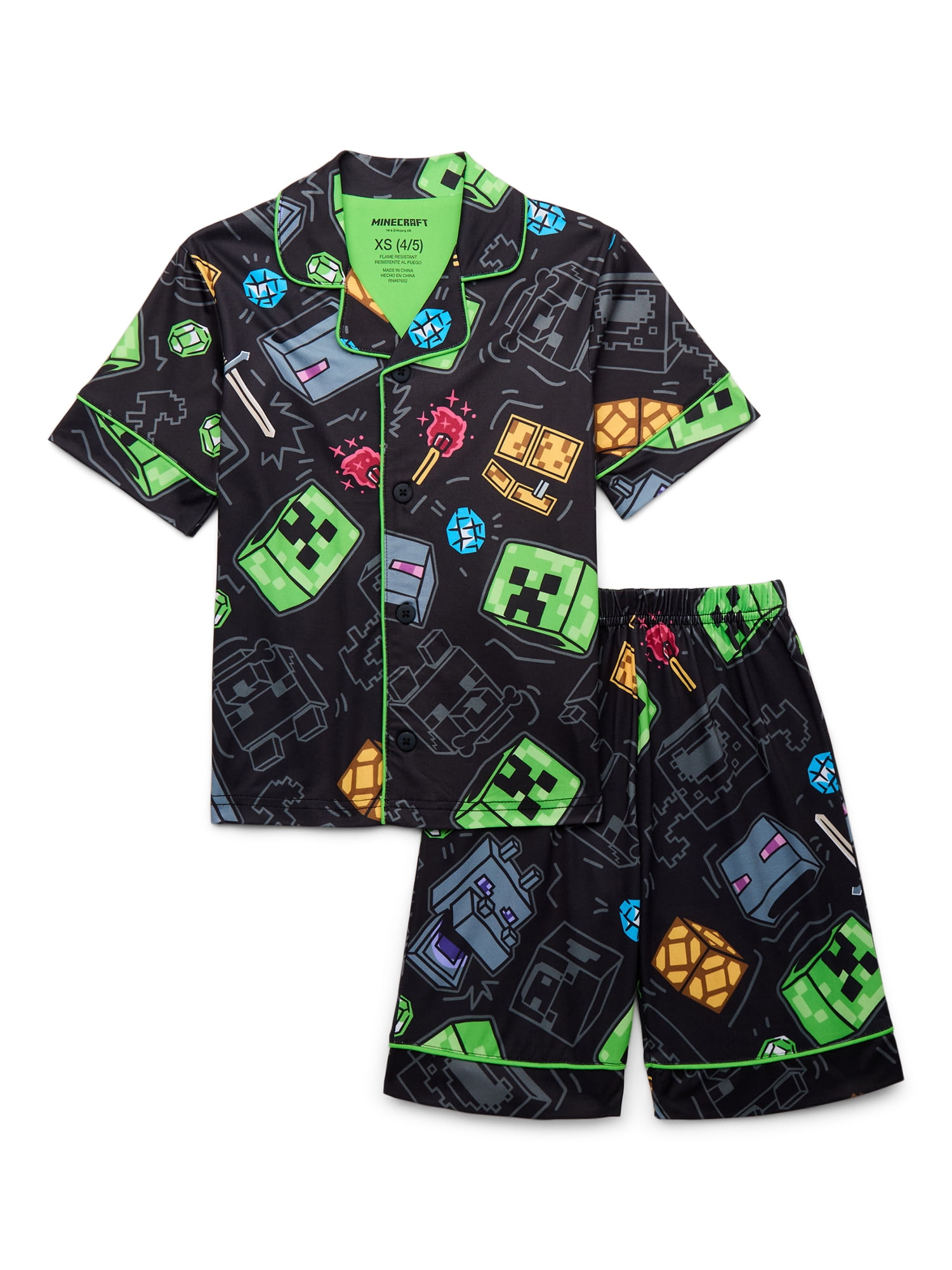 Minecraft Kids Pajama Set - Button Down Top & Shorts, Sizes 4-12 ...