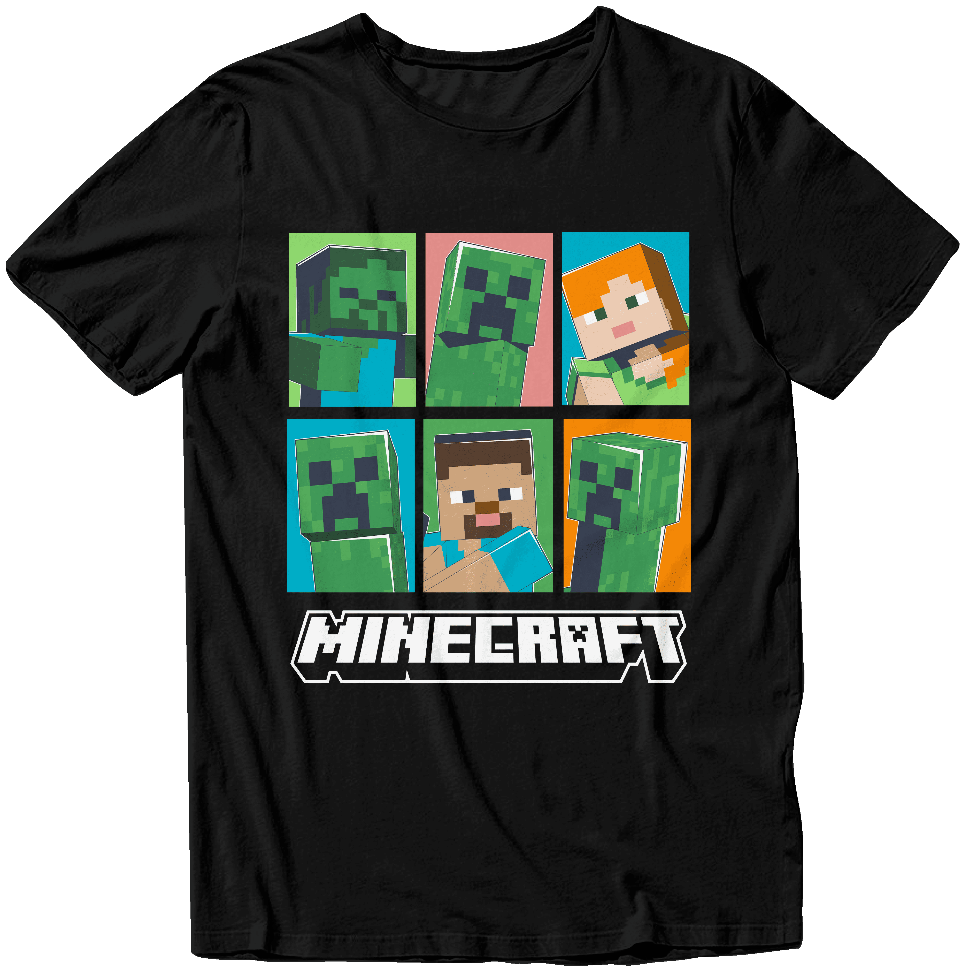 Minecraft Steve and Creeper Grid Unisex Short Sleeved T-Shirt (Black ...