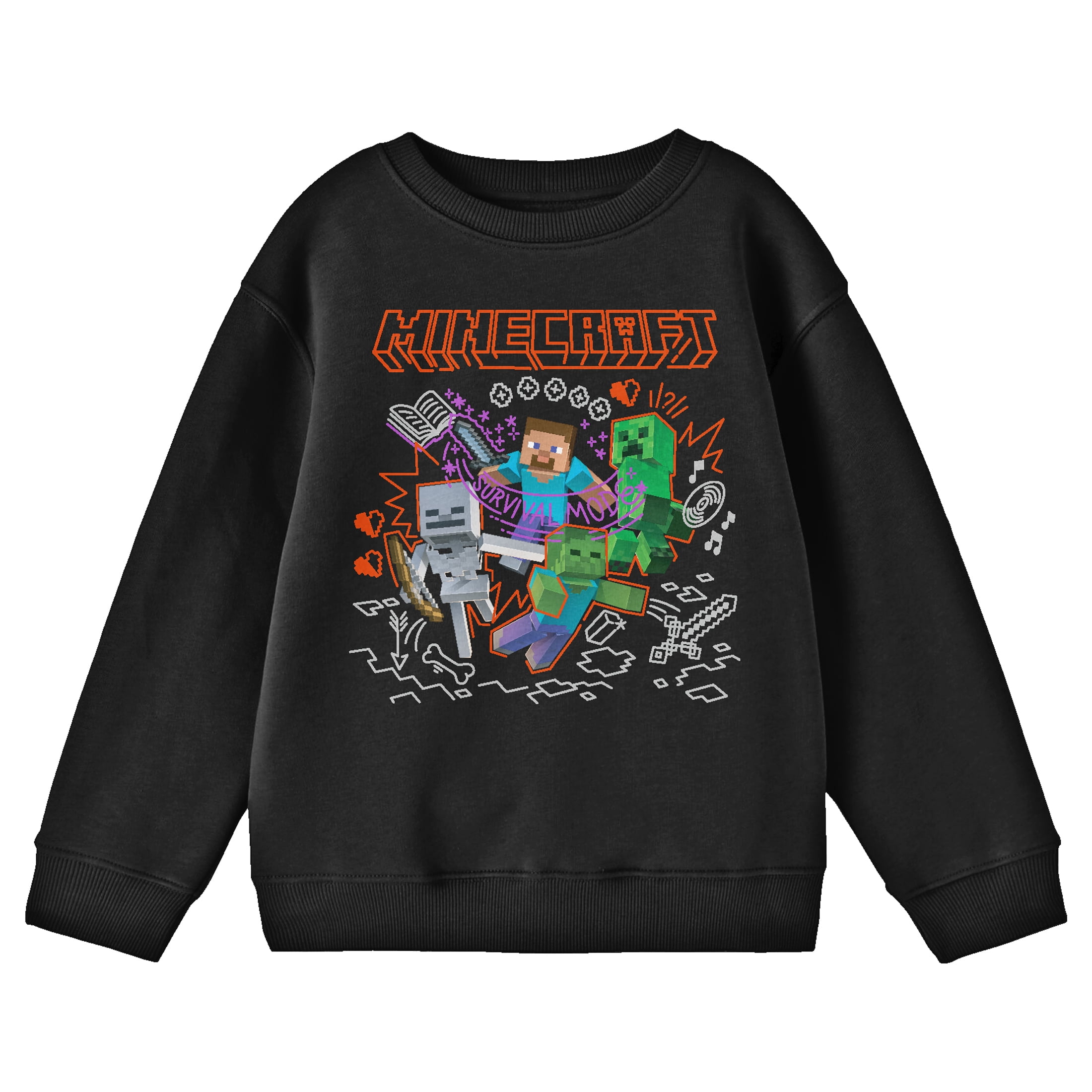 Minecraft Steve and Mobs with Doodle Background Youth Black Crew Neck ...