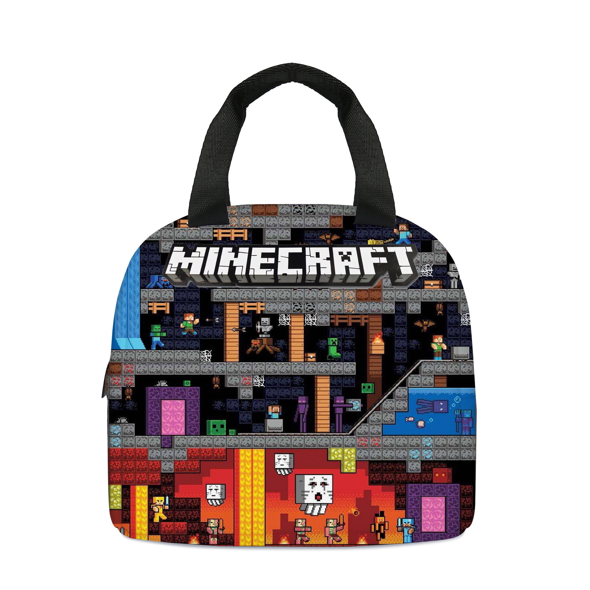 Minecraft lunch bag| Gamer Black Rucksack | Green Creeper Zombie Skeleton Enderman & Cave Spider ...