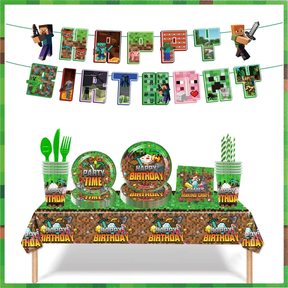 Miner Crafting Pixel Video Game Party Decor Disposable Tableware ...