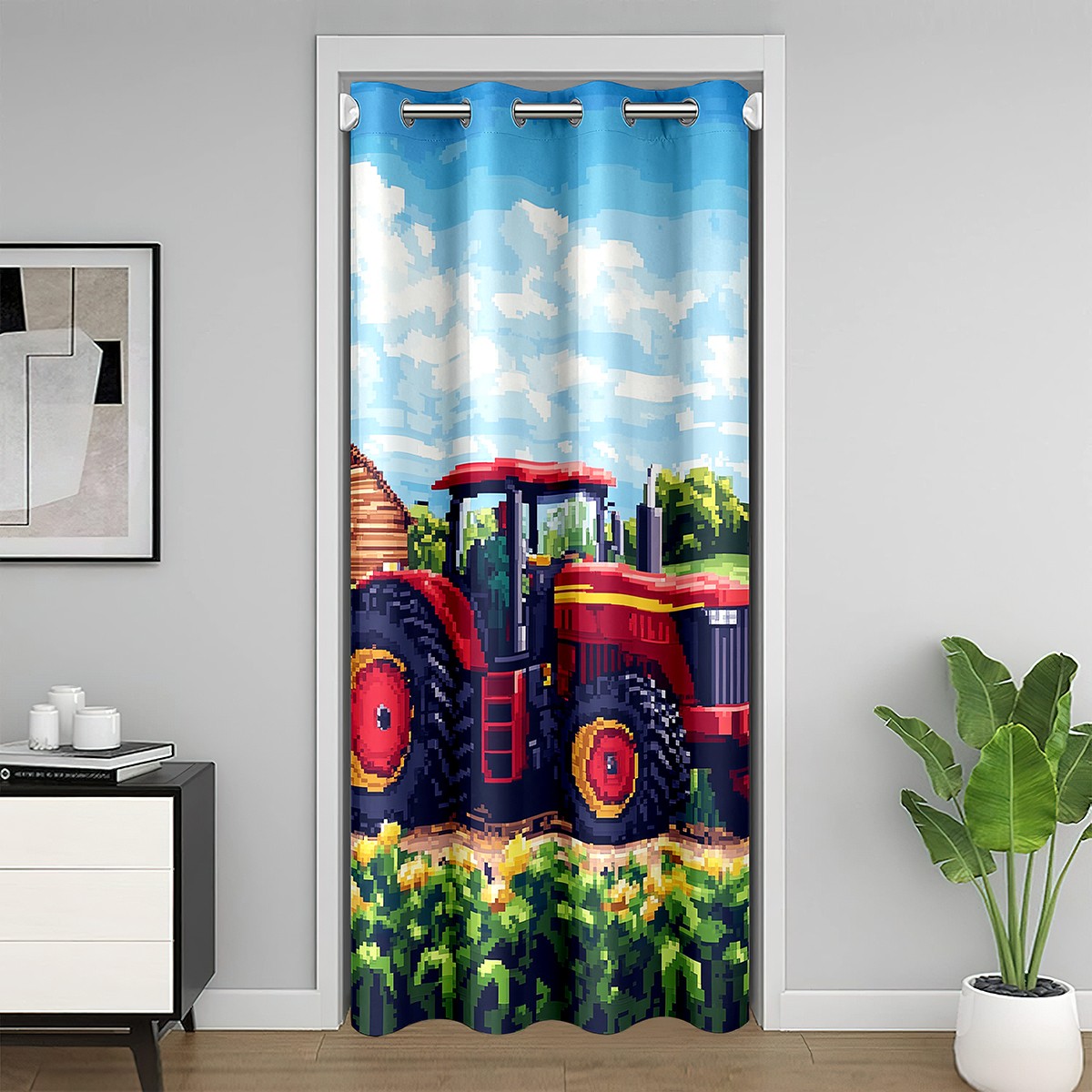 Miner Gamer Cartoon Rustic Farm Blackout Curtain Closet Decor,Pixelated ...