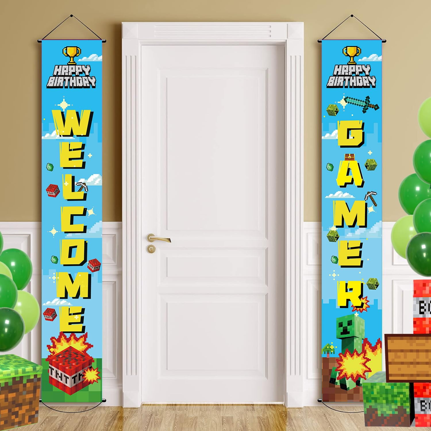 Miner Pixel Party Decorations, Pixelated Porch Banner Welcome Signs for ...