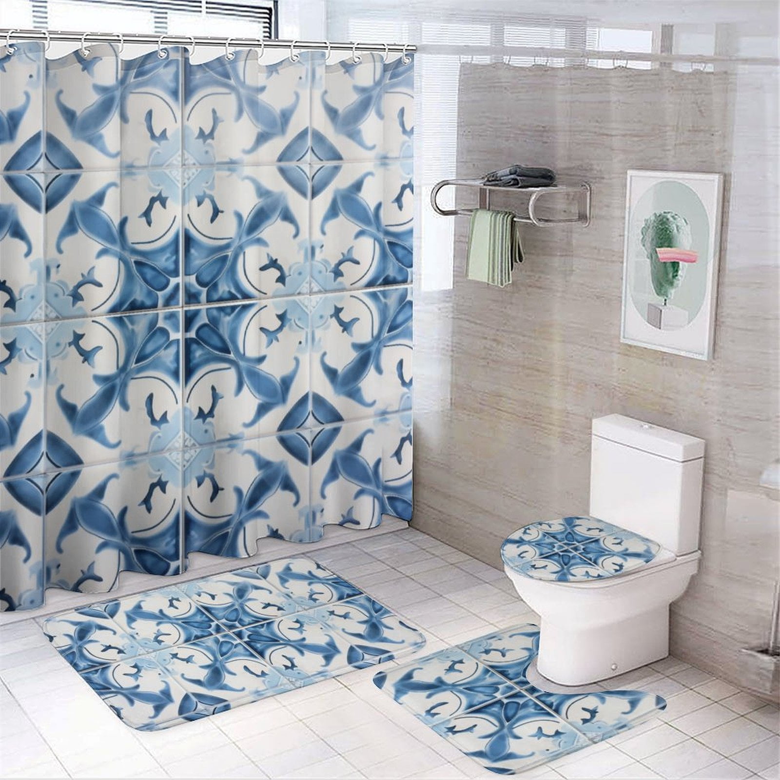 Mineral Blue 4 Pcs Bathroom Shower Curtain Set, Bathroom Sets with Rugs ...