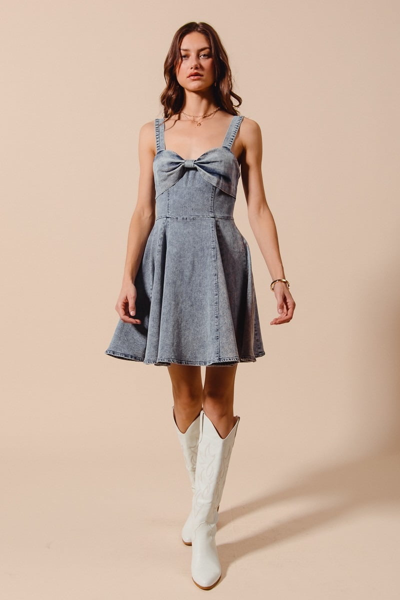 Mineral Washed Bow Ribbon Denim Flare Dress - Walmart.com