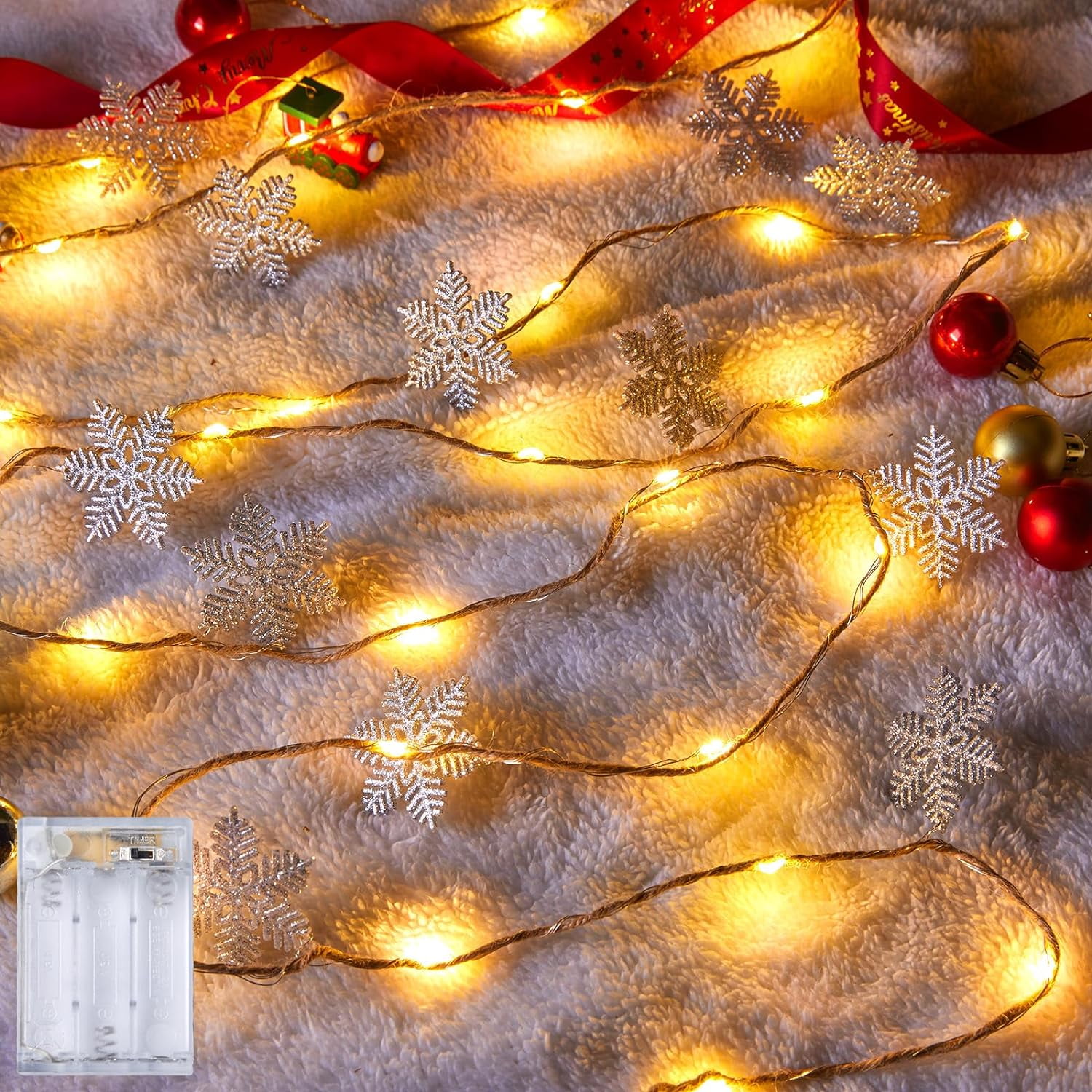 Minetom Christmas Hemp Rope Garland Lights, 9.8 Ft 30 LEDs, Snowflakes ...