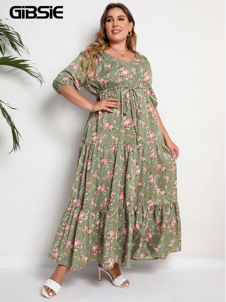 MingX Plus Size Floral Print Knot Front Ruffle Hem Summer Dress Women ...
