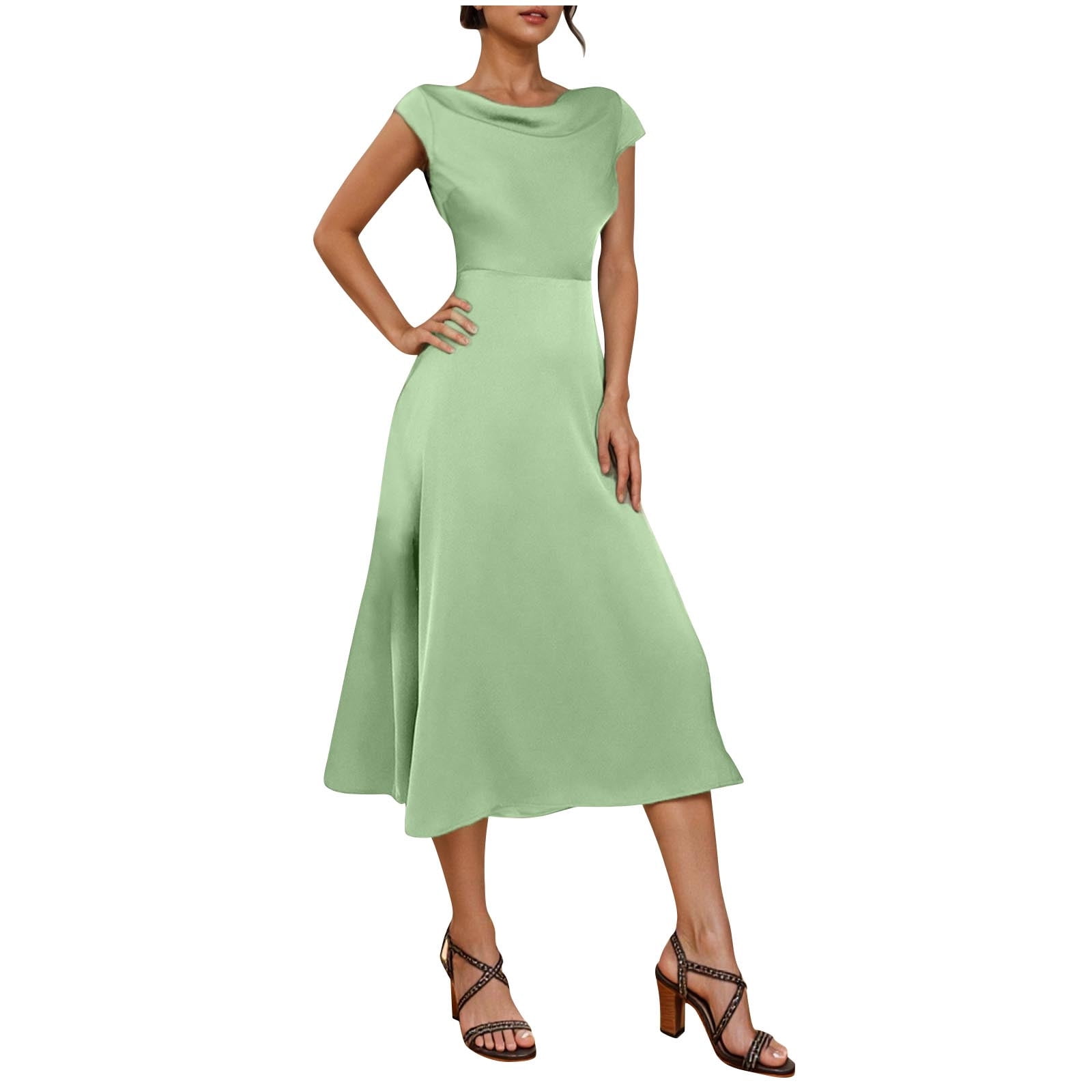 Mingw Womens Longer DressDresses Plain Cap Short Sleeve Midi Satin Dress Sexy Scoop Neck Ruffle ...