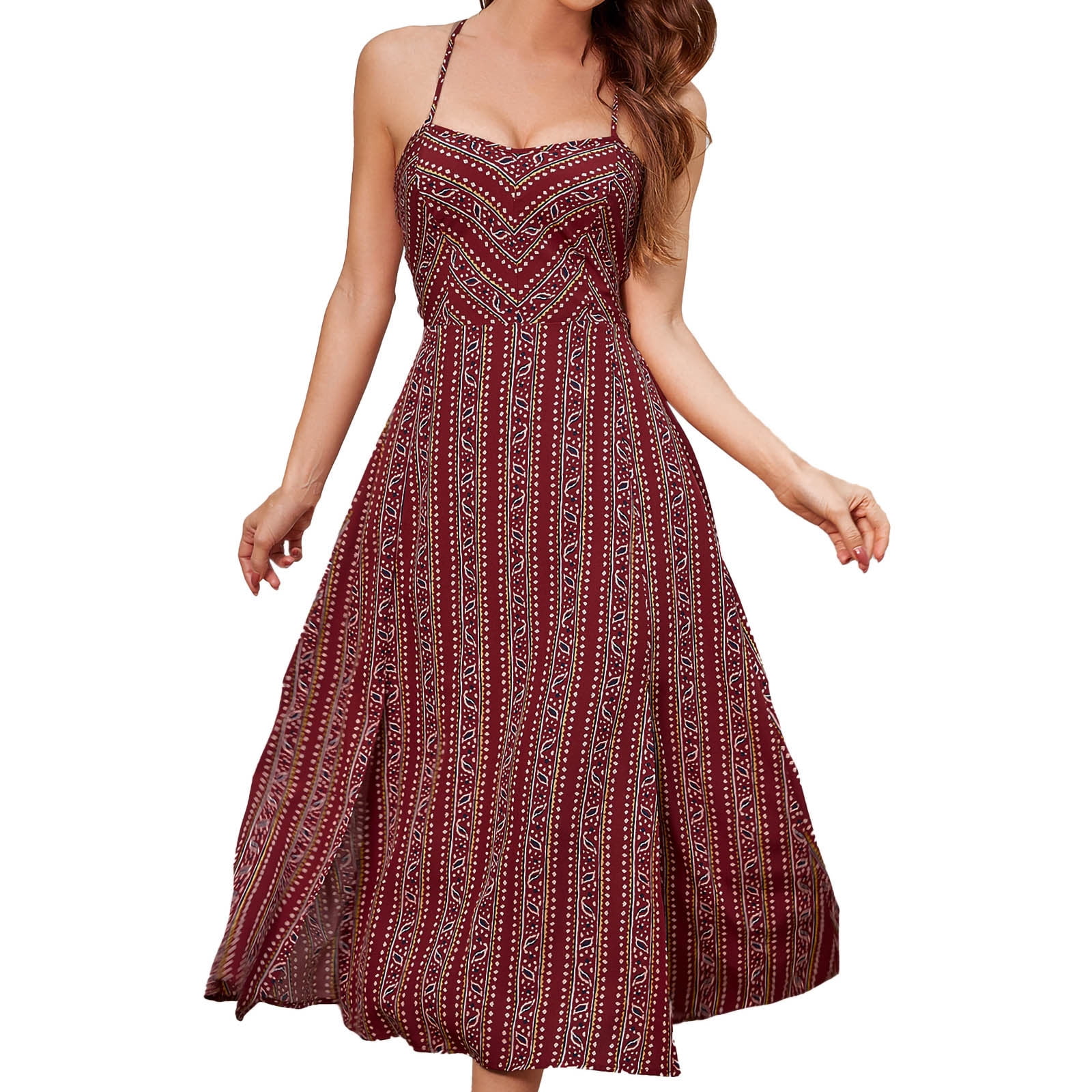 Mingw Womens Longer DressSpaghetti Strap Trendy Printed Beach Midi ...