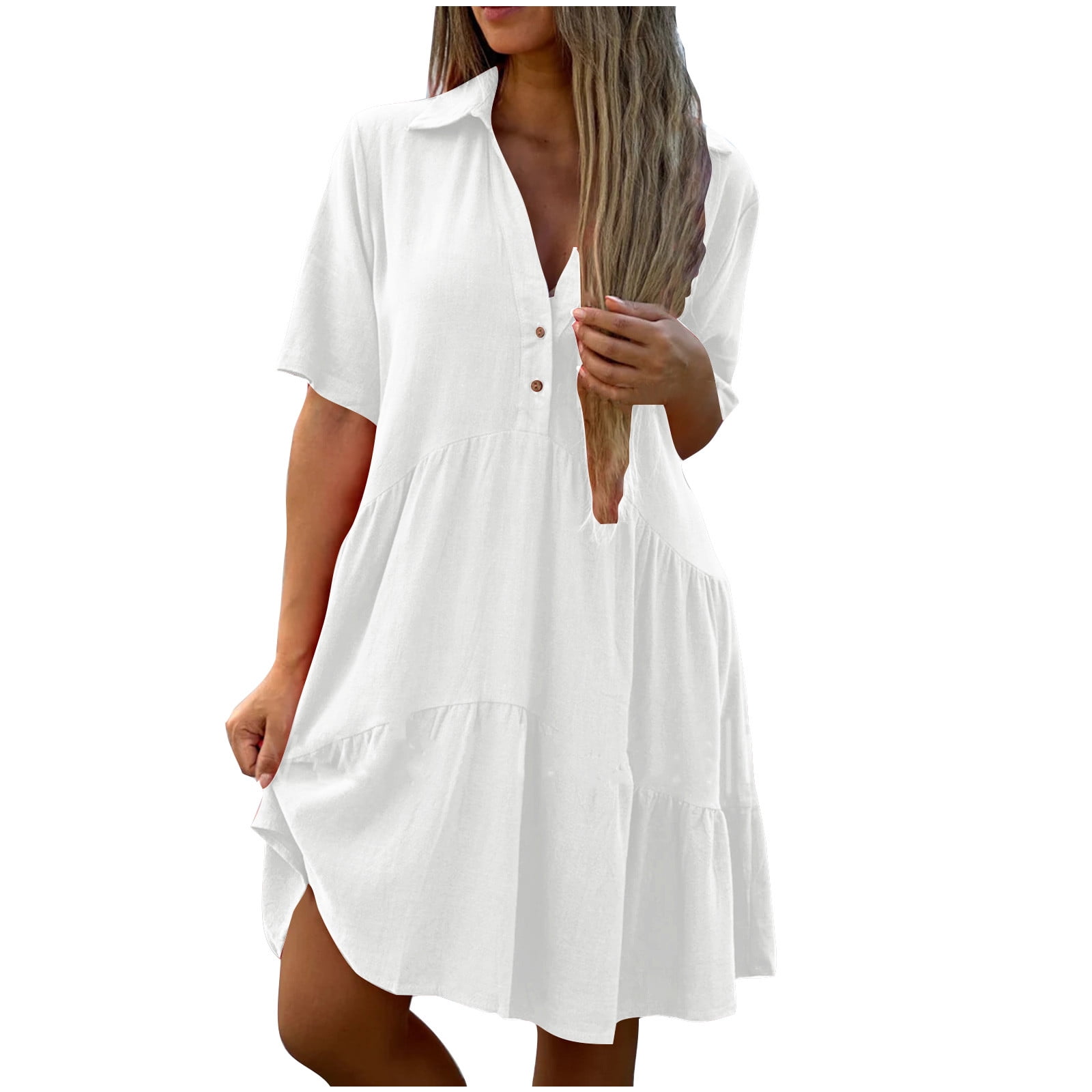 Mingw Womens Midi Dress Summer Short Sleeve Babydoll for Women Classic Sundress Tiered Pleated ...