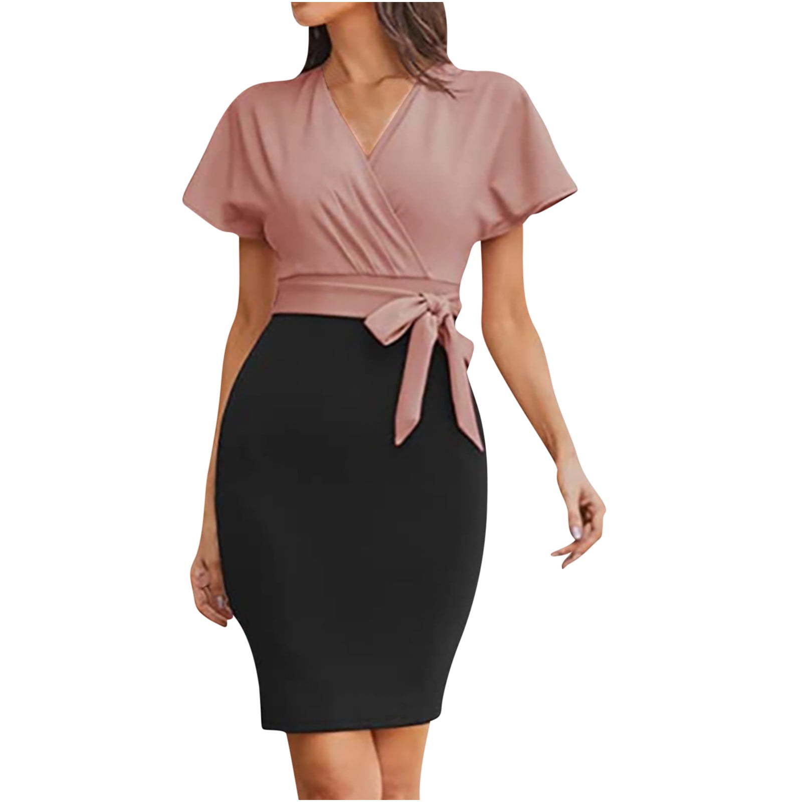 Mingw Womens Midi Dress Summer Short Sleeve V Neck Sweet Slim Fit Dress ...