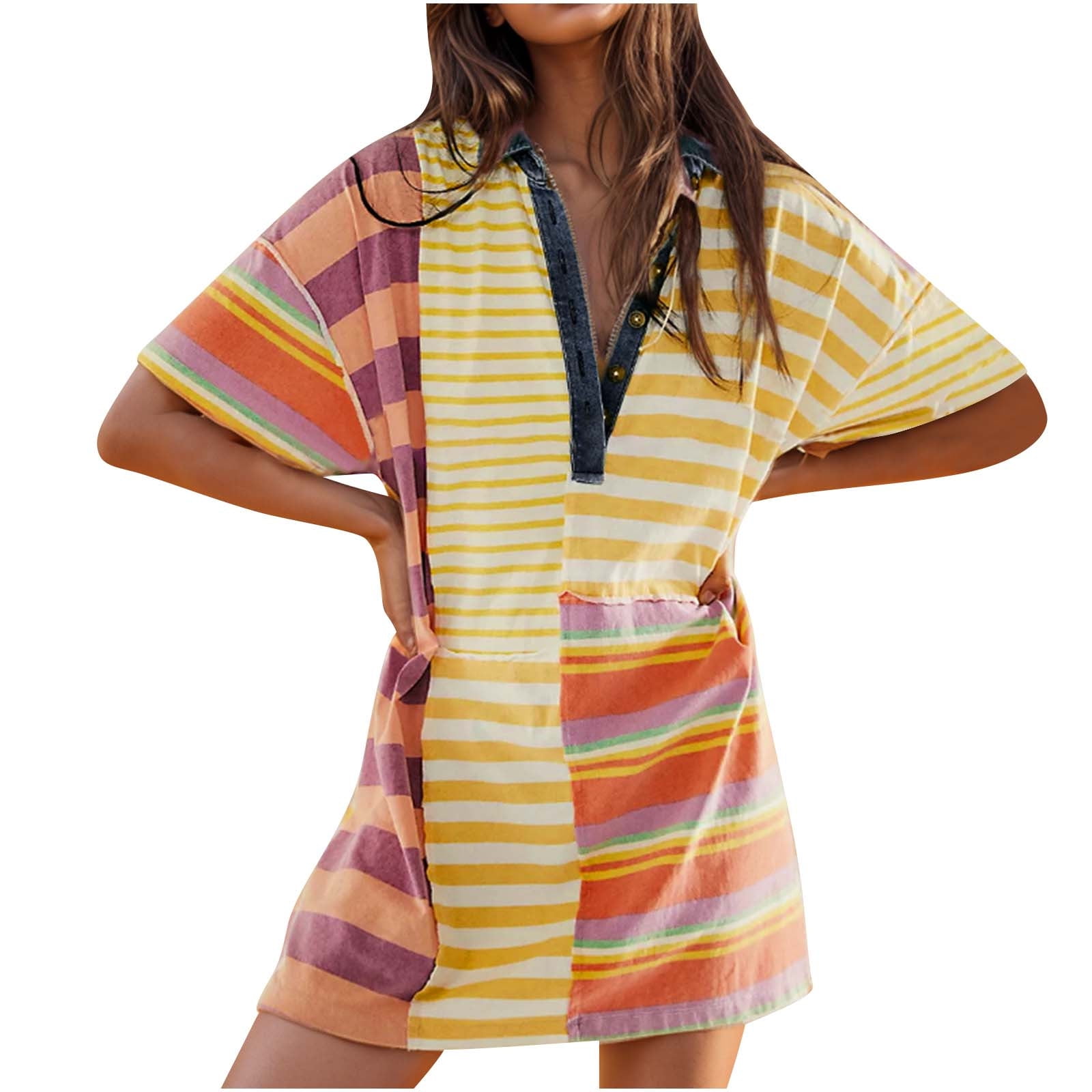 Mingw Womens Summer Color Block Dresses for Women Button Up Short ...