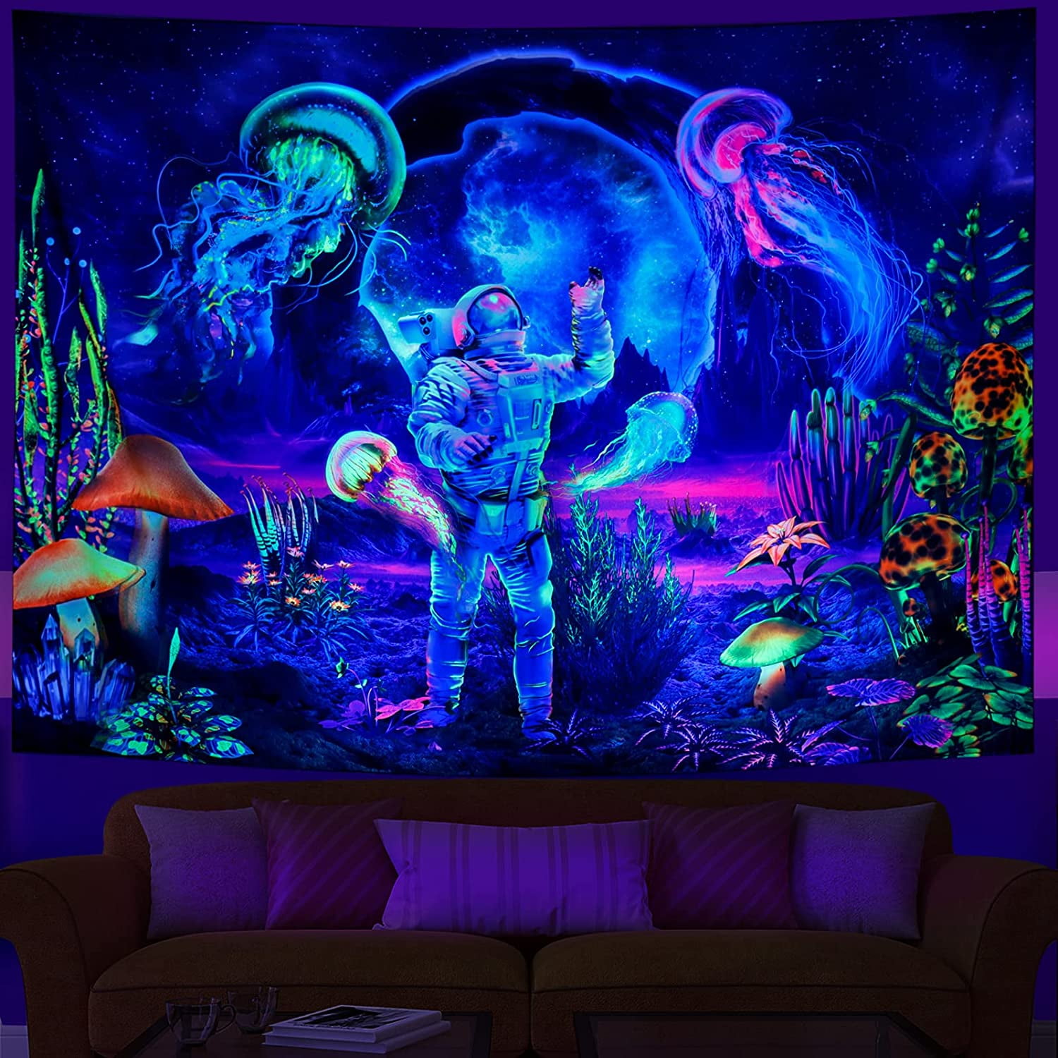 Minhin Blacklight Astronaut Tapestry UV Reactive Galaxy Tapestries Wall ...