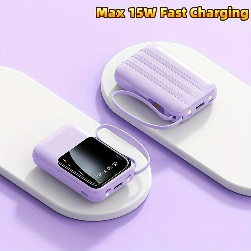 Mini 10000mAh Power Bank with Digital Display, Built-in 4 Cables & LED ...