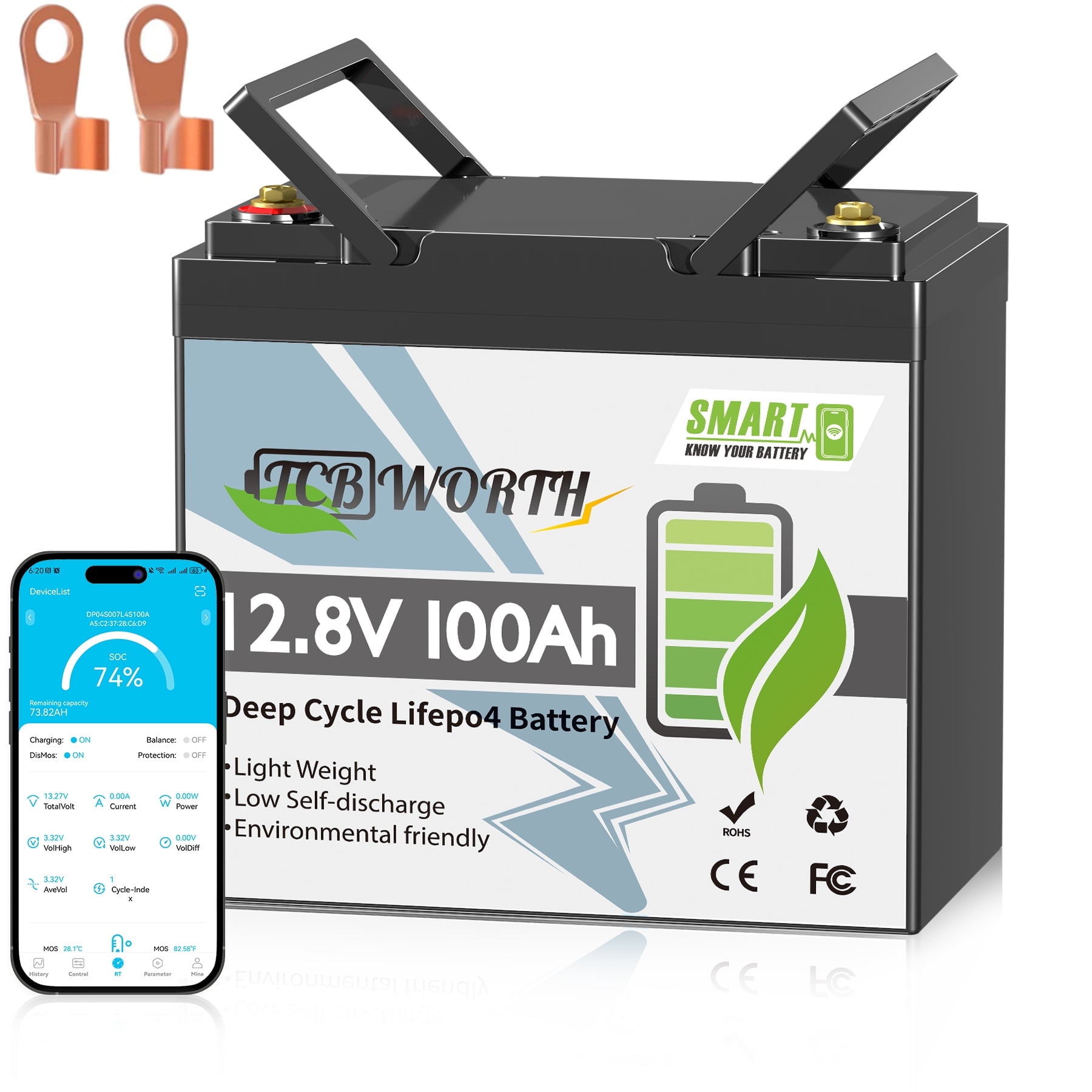12V 100AH LiFePO4 Battery Bluetooth,TCBWORTH Mini Lithium Battery for RV,Solar System,Camping ...