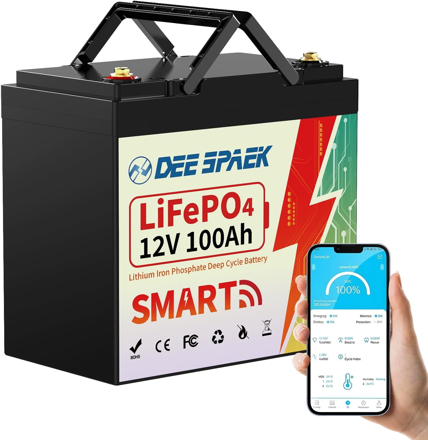 Mini 12V 100Ah LiFePO4 Battery with Bluetooth Monitoring, 15000+ Deep ...