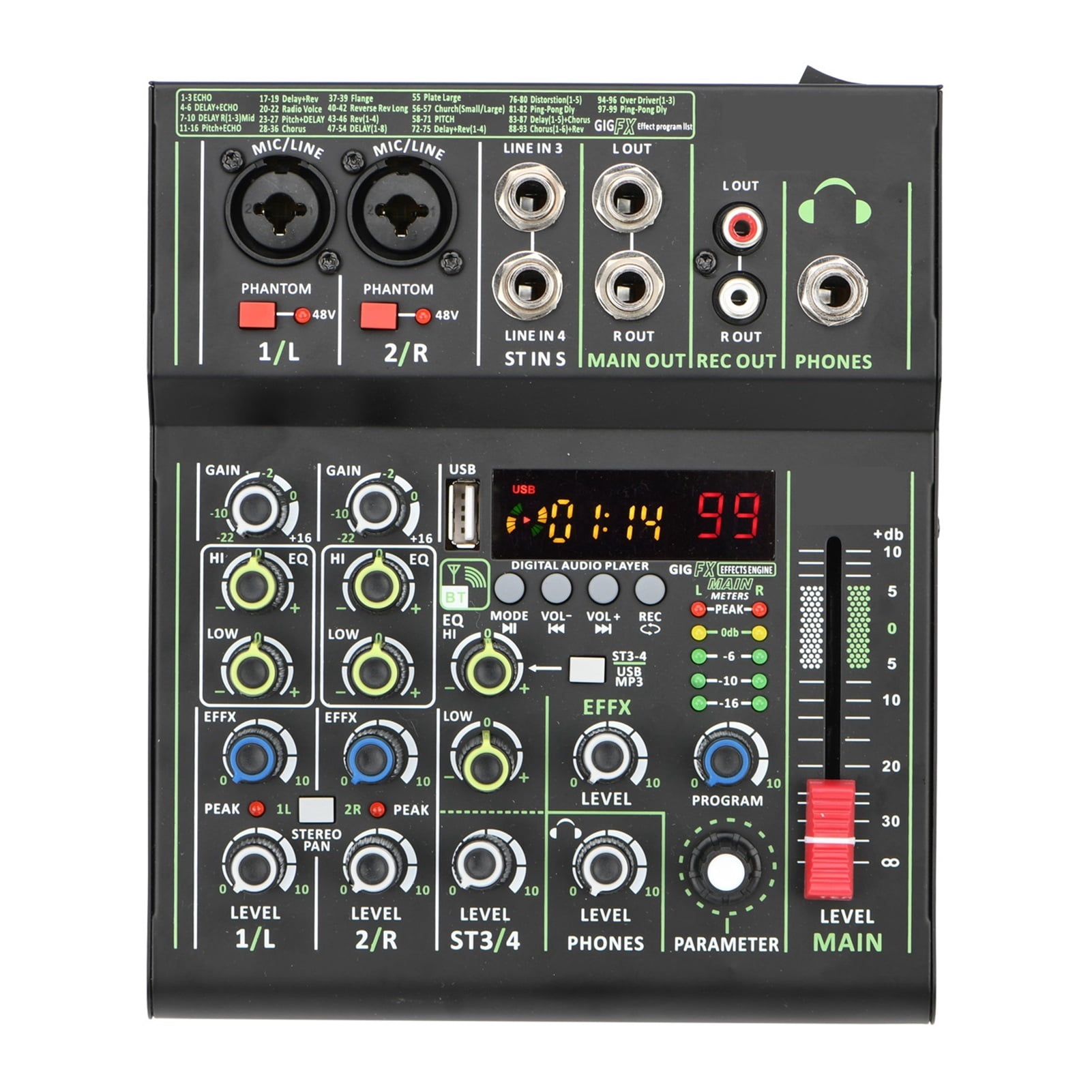 Mini 4 Channel Audio Mixer Individual +48V Phantom Power 99 DSP Effects ...