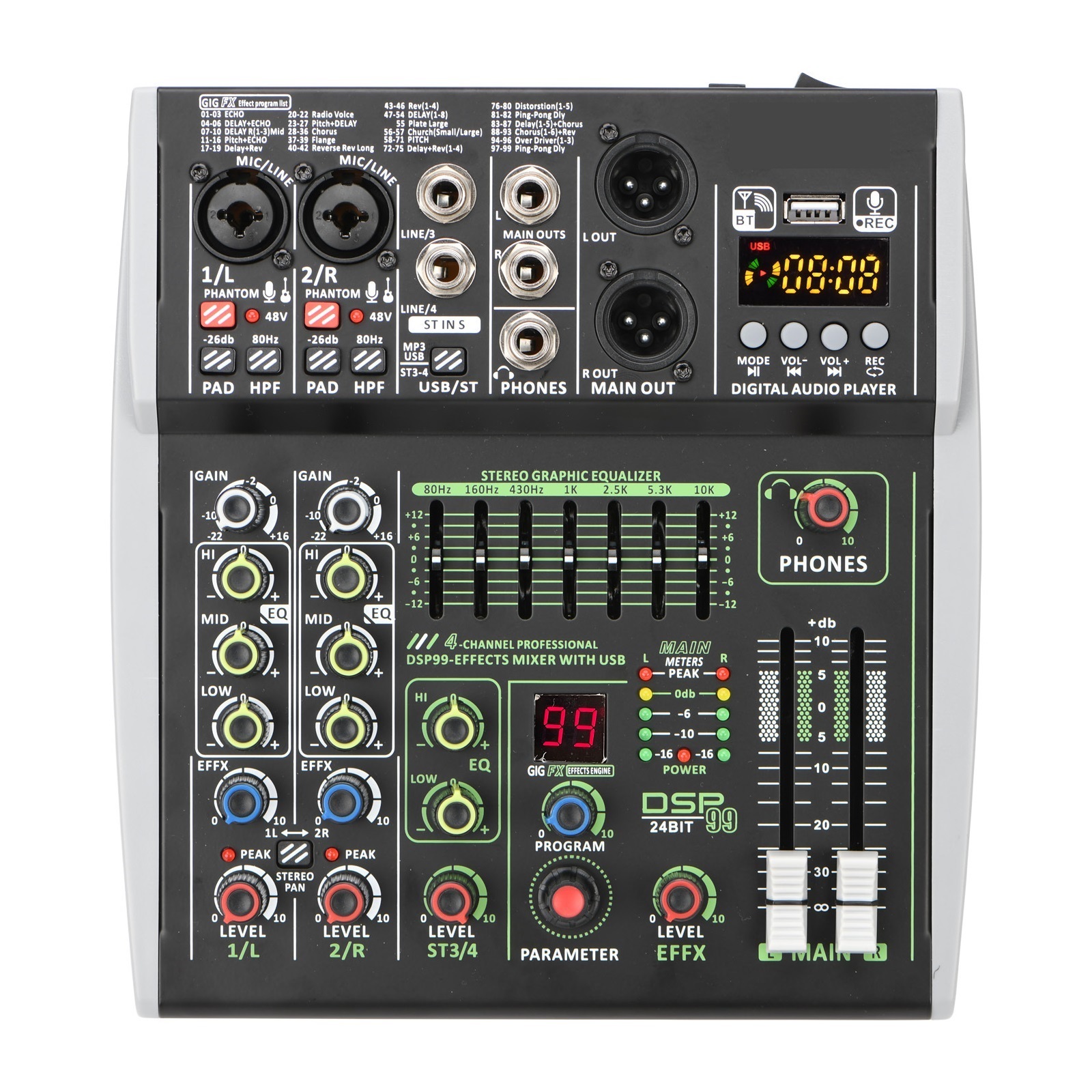Mini 4 Channels Mixing Console Individual +48V 99 DSP Effects USB ...