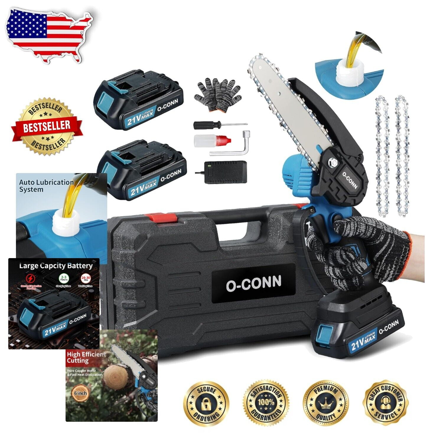 Mini 6-Inch Cordless Chainsaw, 21V Battery Powered with Auto Oiler ...