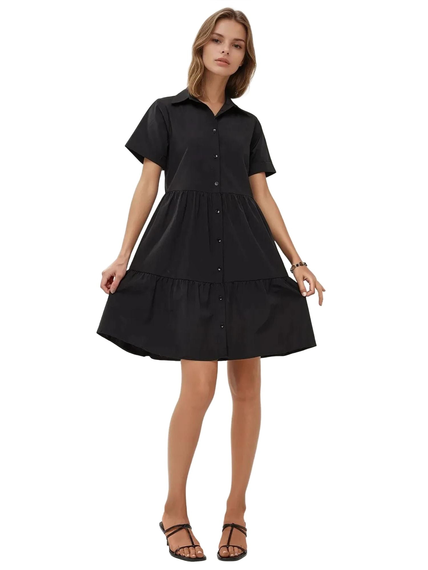 Mini A-Form Shirt Collar Dress with Buttons - Walmart.com