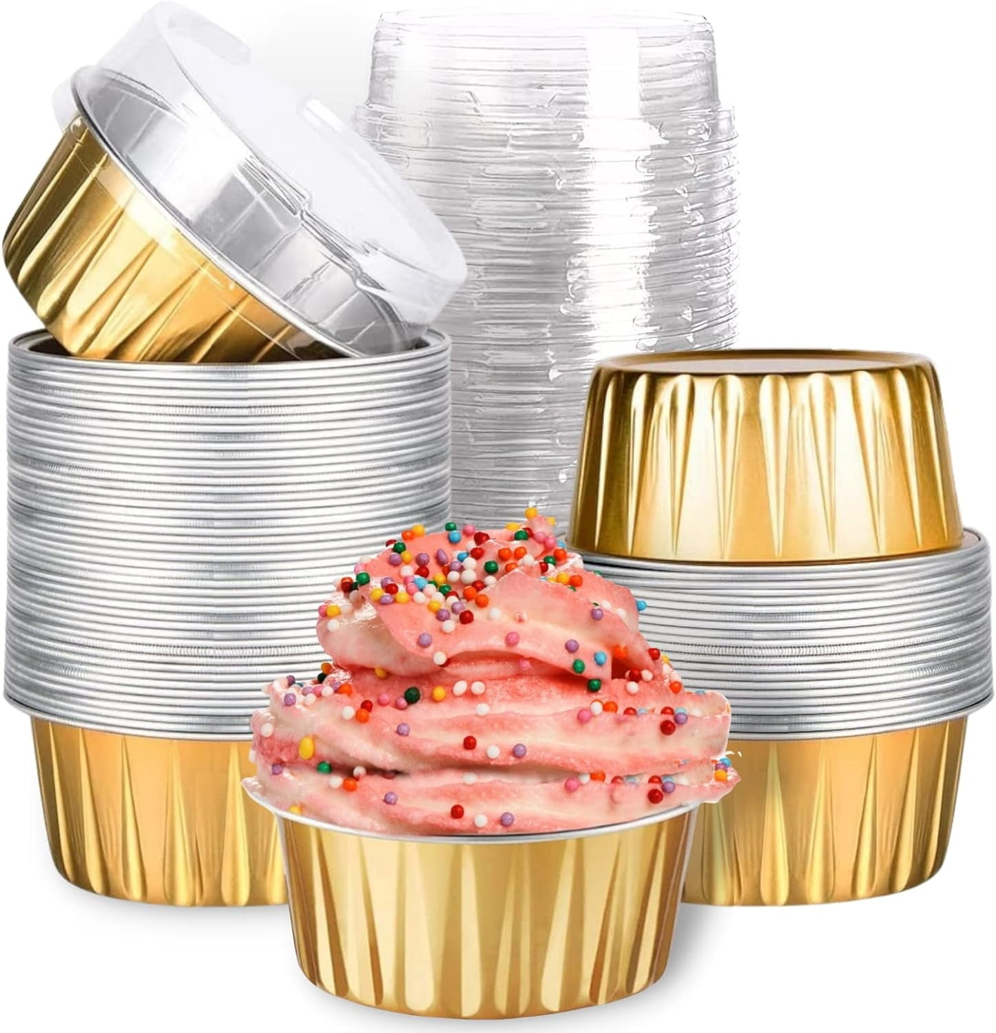 Mini Aluminum Foil Cupcake Baking Cups with Lids (50pcs, 5oz) Round ...