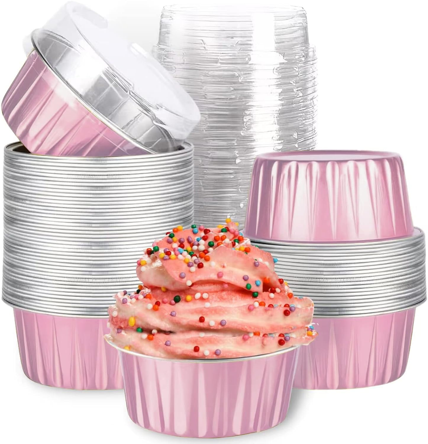 Mini Aluminum Foil Cupcake Baking Cups with Lids (50pcs, 5oz) Round ...