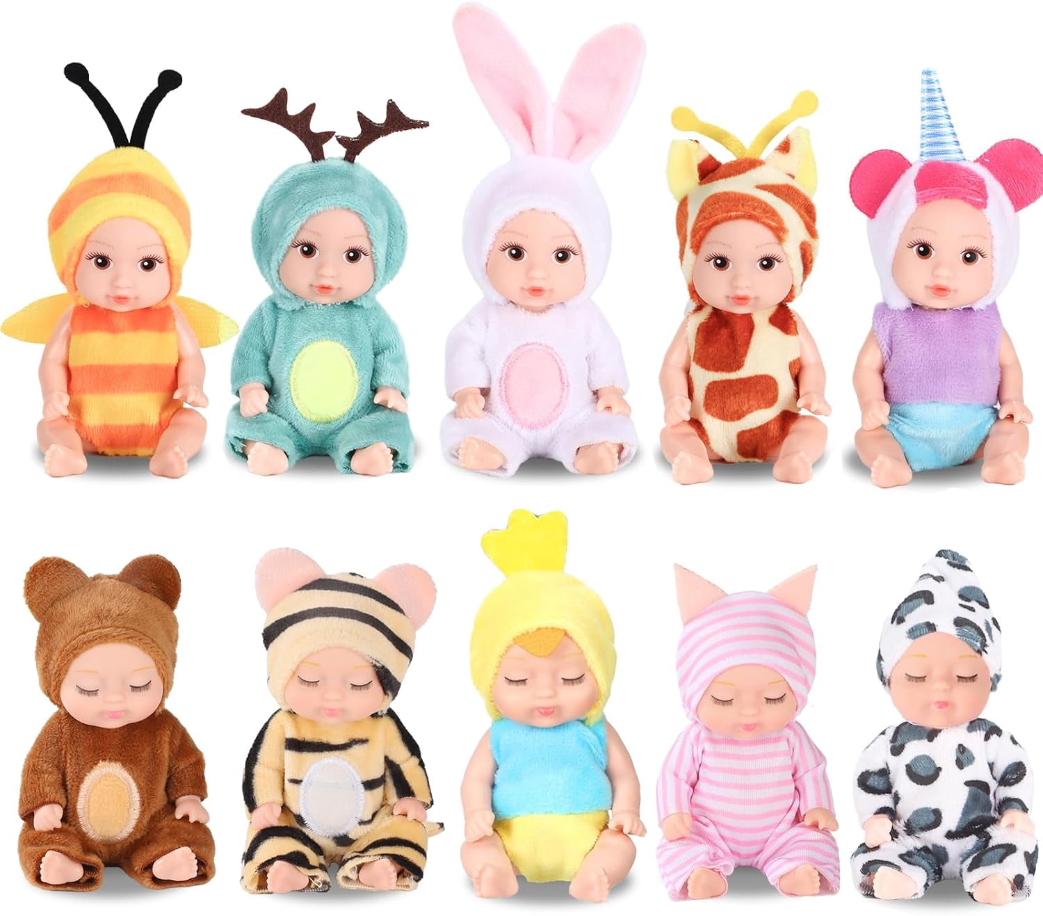 Mini Baby Dolls Playset - 10 Pcs 4 Inch Reborn Dolls, 5 Open & 5 Closed ...