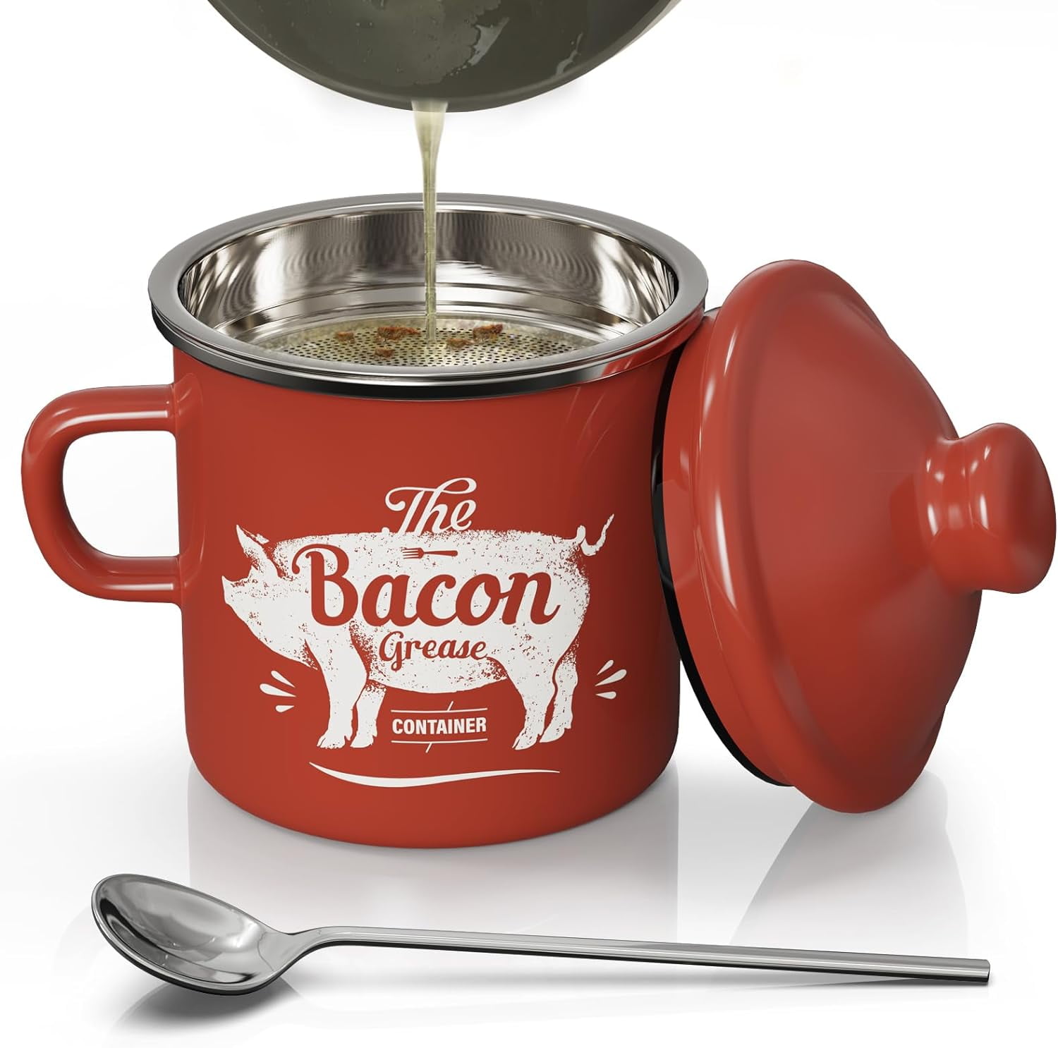 Mini Bacon Grease Container With Strainer - 15OZ Enamel Grease Saver ...