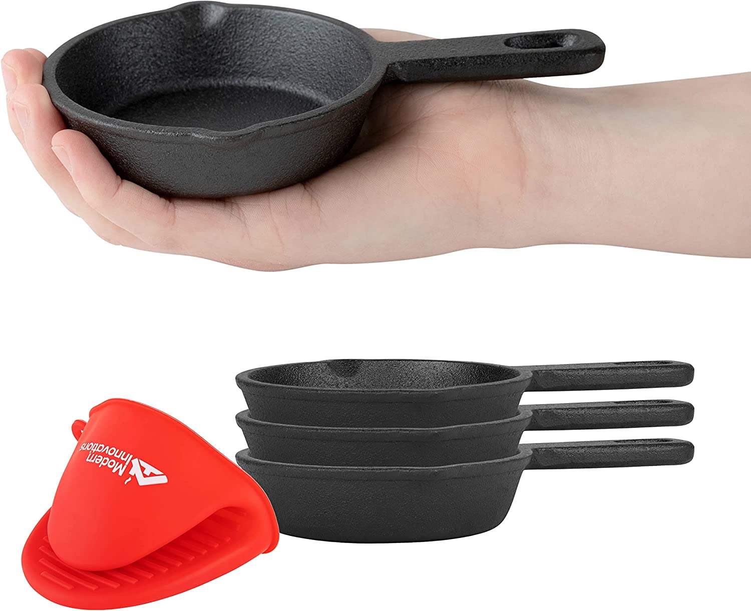 Mini Black Cast Iron Skillet Set with Silicone Mitt (4 Count) - 3.5 Inch Pans, Pre Seasoned ...