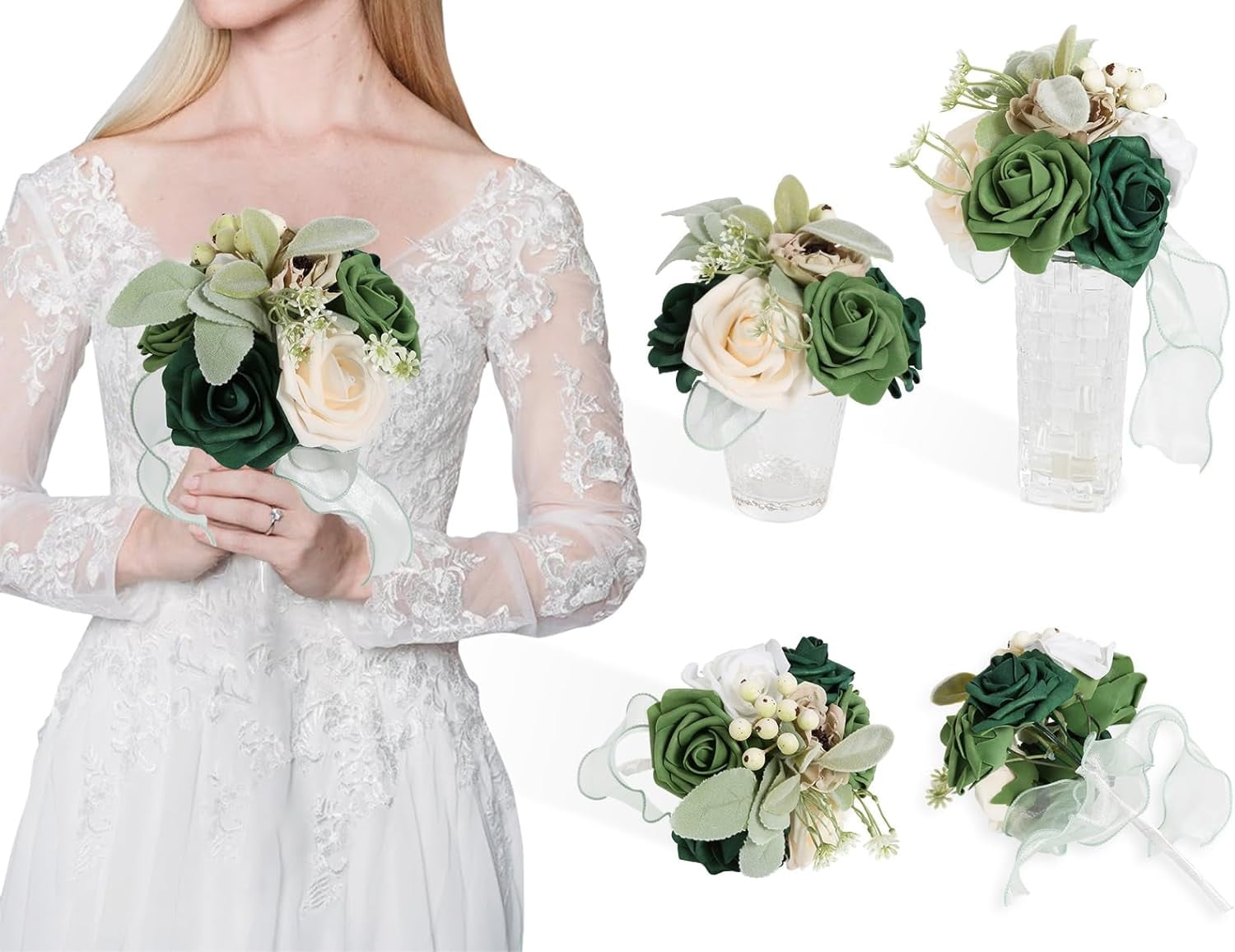 Mini Bridesmaid Bouquets Dusty Green Artificial Roses Wedding Bouquet ...