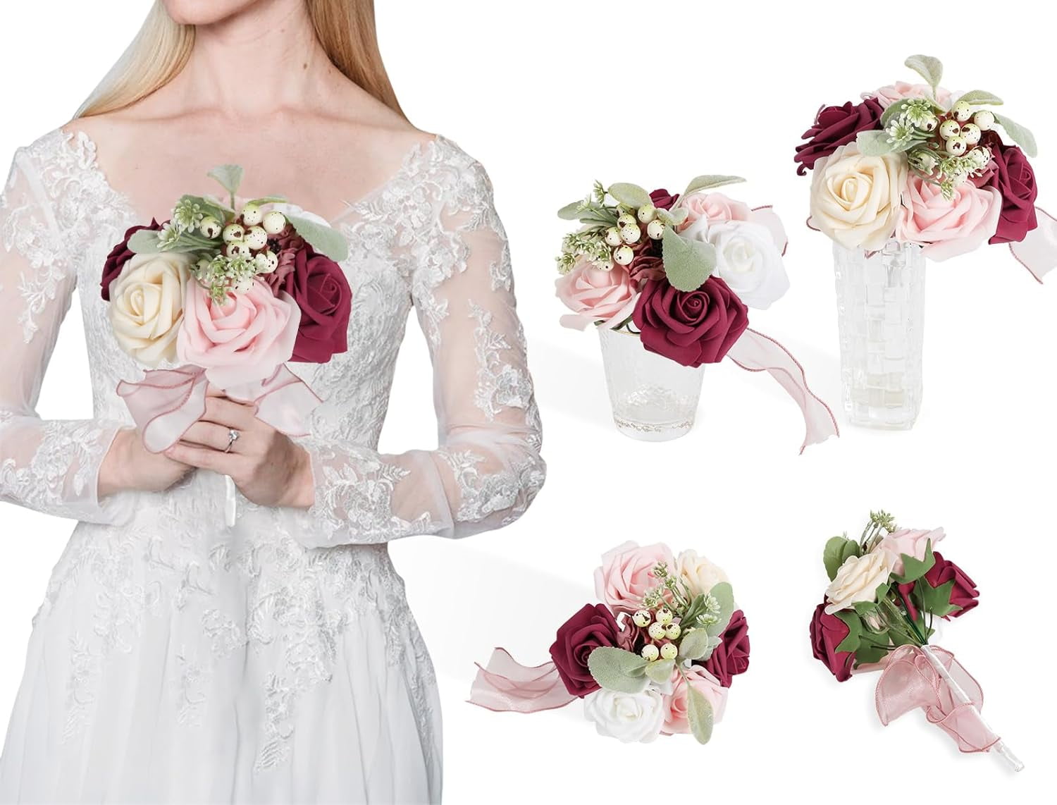 Mini Bridesmaid Bouquets Red and Pink Artificial Roses Wedding Bouquet ...