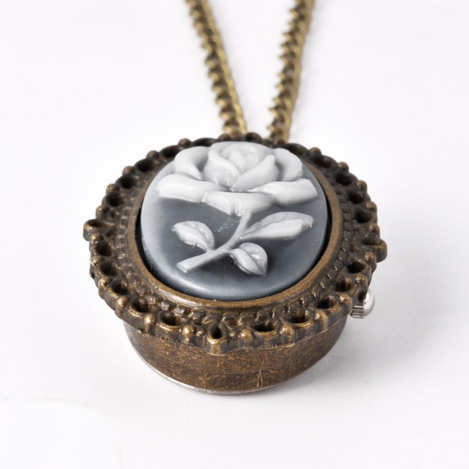 Mini Bronze Oval Pocket Watch Floral Engraved Quartz Pendant Clock Long ...