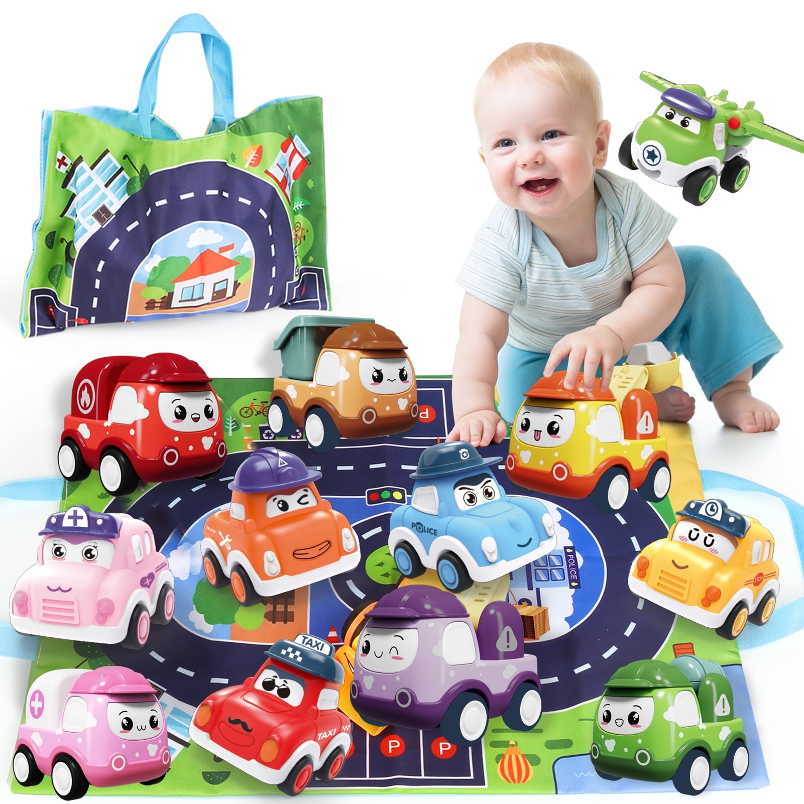 Mini Car Toys Set, 12PCS Pull-Back Trucks with Play Mat, Storage Bag ...