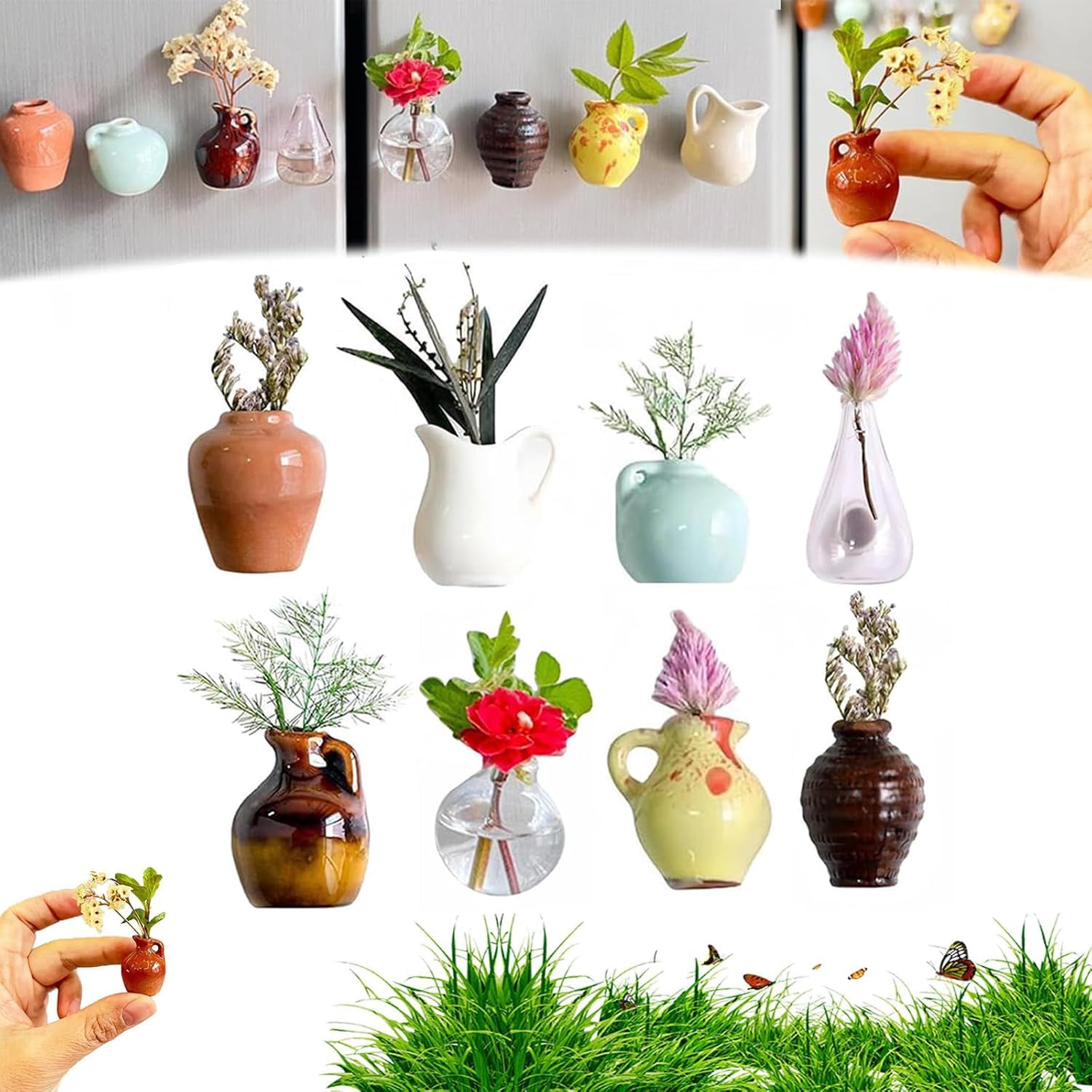 Mini Ceramic Vase Magnets, 6Pcs 1.2" Mini Ceramic Vase Refrigerator ...