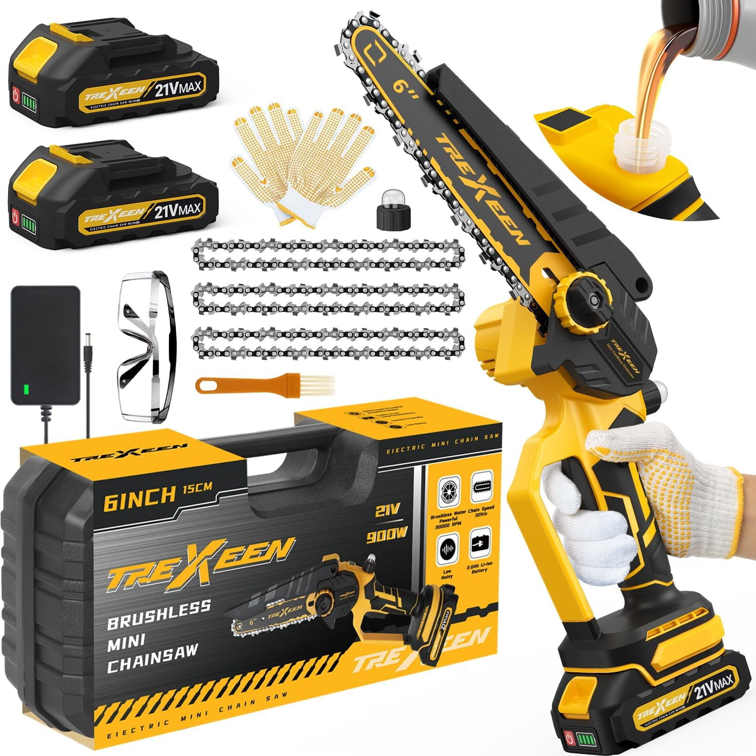 Mini Chainsaw, 6-Inch Electric Chainsaw Cordless, Upgraded 900W ...