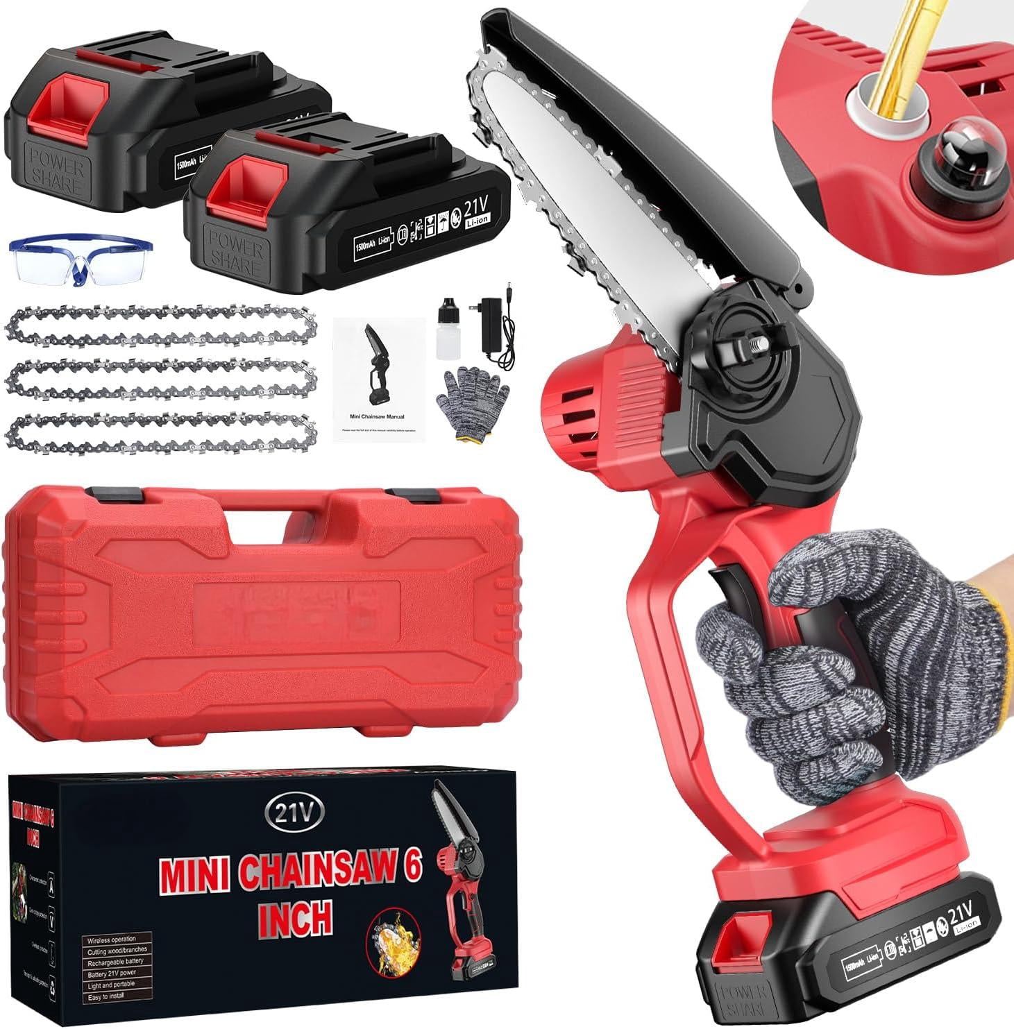 Mini Chainsaw Cordless 6-Inch, Handheld Chainsaw with Auto-Oiler, 2 ...