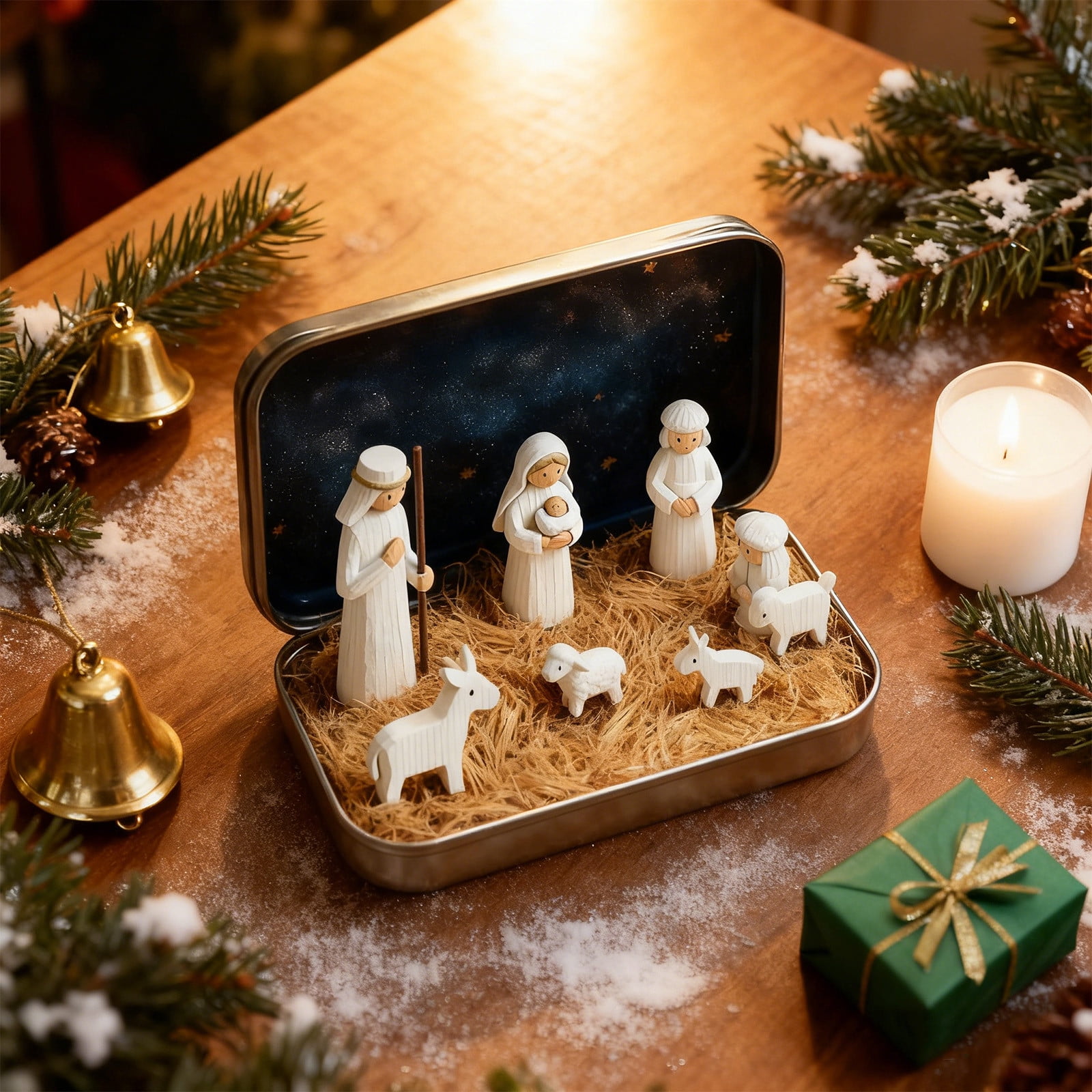 Mini Christmas Nativity Scene Set in A Tin Box, 3D Holy Family & sheep ...