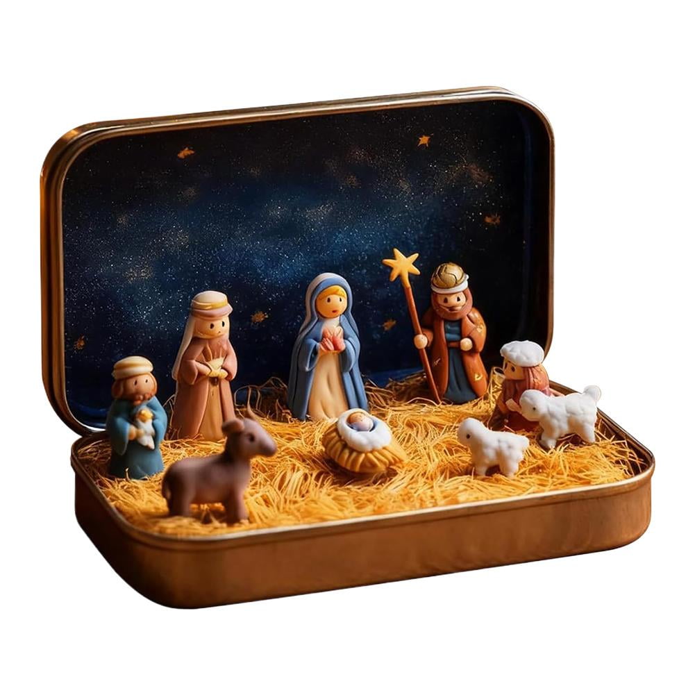 Mini Christmas Nativity Scene with Portable Tin Box, Resin Figurines ...