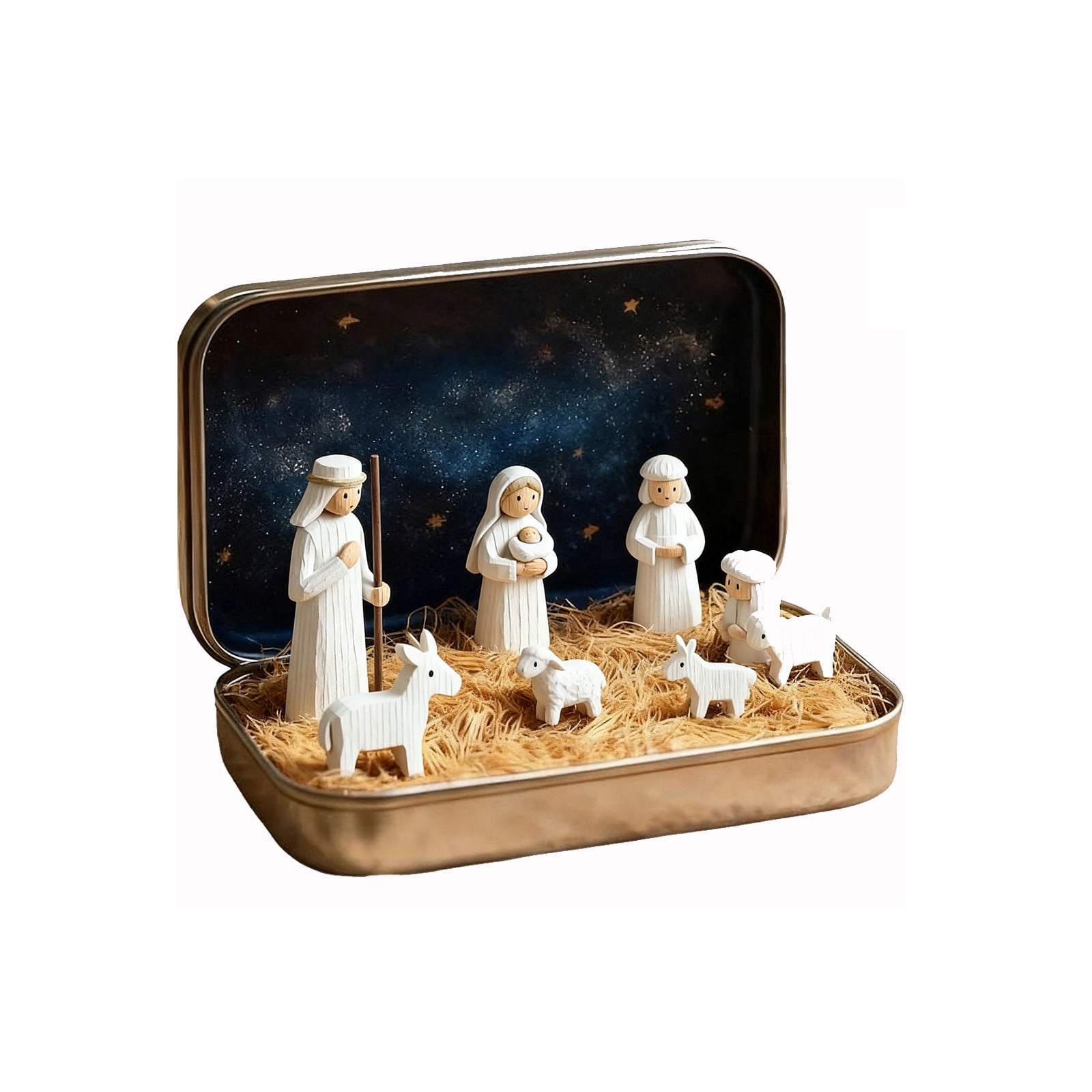 Mini Christmas Nativity Set In Tin Box With Holy Family Figurines ...