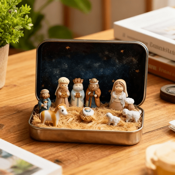 Mini Christmas Nativity Set in A Tin Box, Handcrafted Pocket Bethlehem ...
