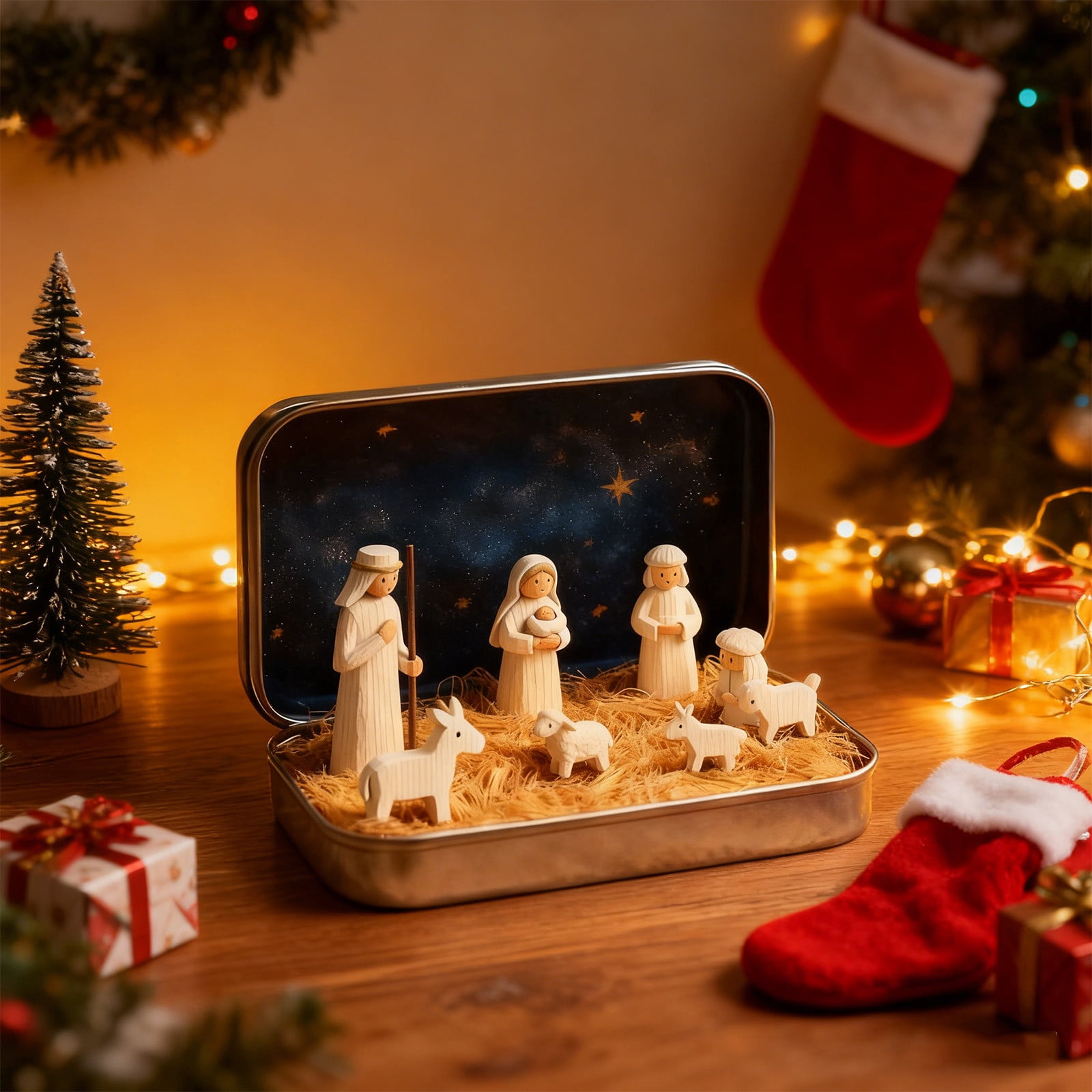Mini Christmas Nativity Set in a Tin Box, Handcrafted Pocket Bethlehem ...
