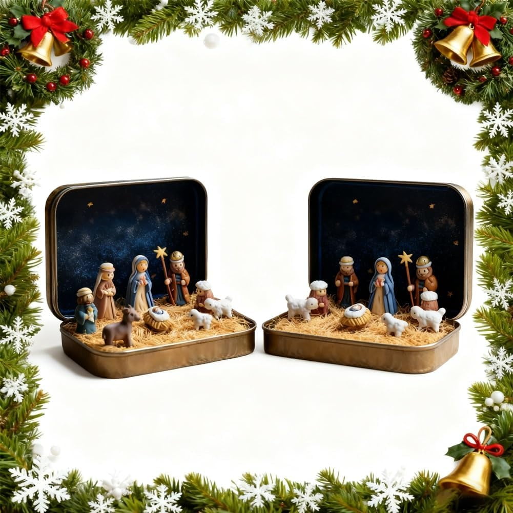 Mini Christmas Nativity Set in a Tin Box, Handcrafted Pocket Bethlehem ...