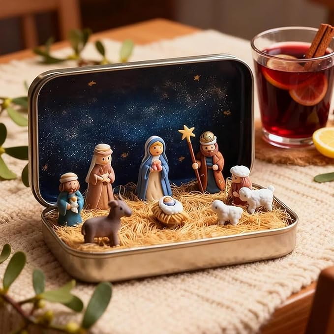 Mini Christmas Nativity Set in a Tin Box, Handcrafted Pocket Mini ...