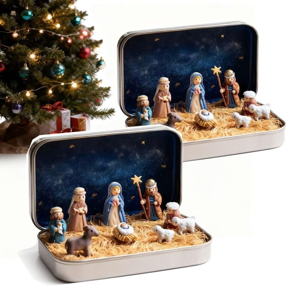 Mini Christmas Nativity Set in Tin Box, Handcrafted Resin Nativity ...
